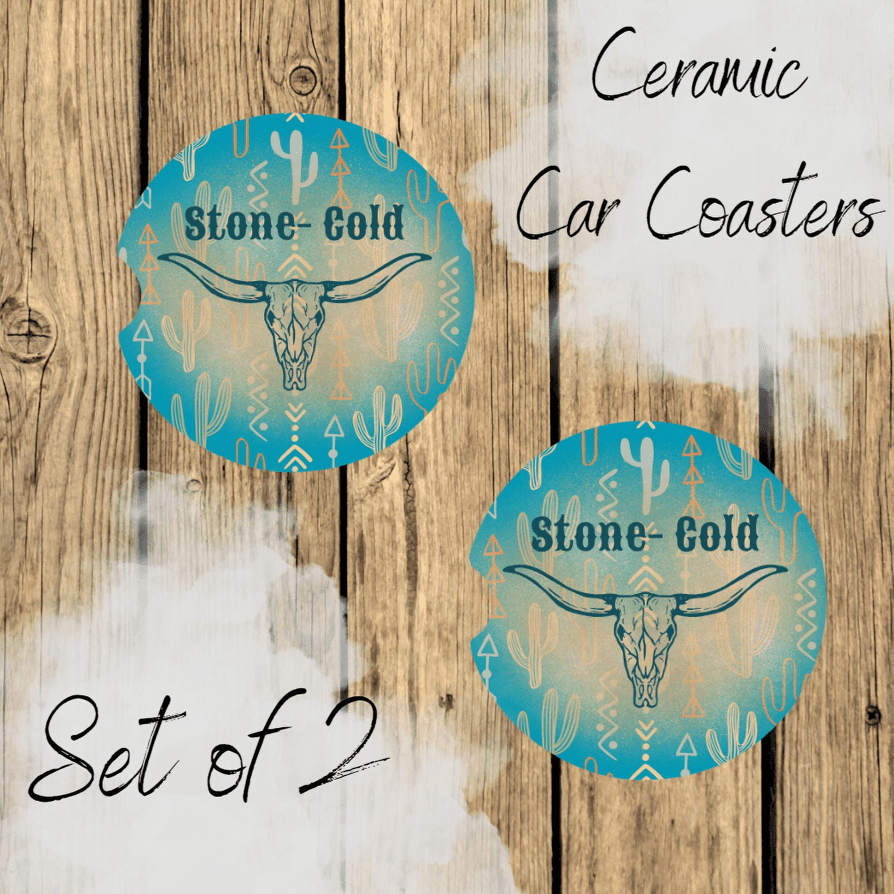 Western Stone Cold Turquoise Cactus Ceramic Car Coaster (set of 2 ...
