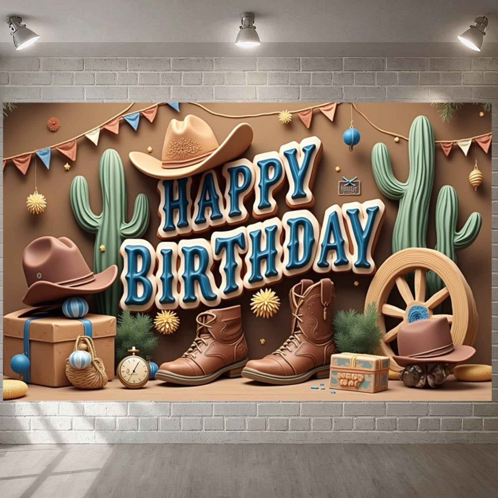 Western Style Banner 3D Lettering Cowboy Birthday Backdrop Brown Blue ...
