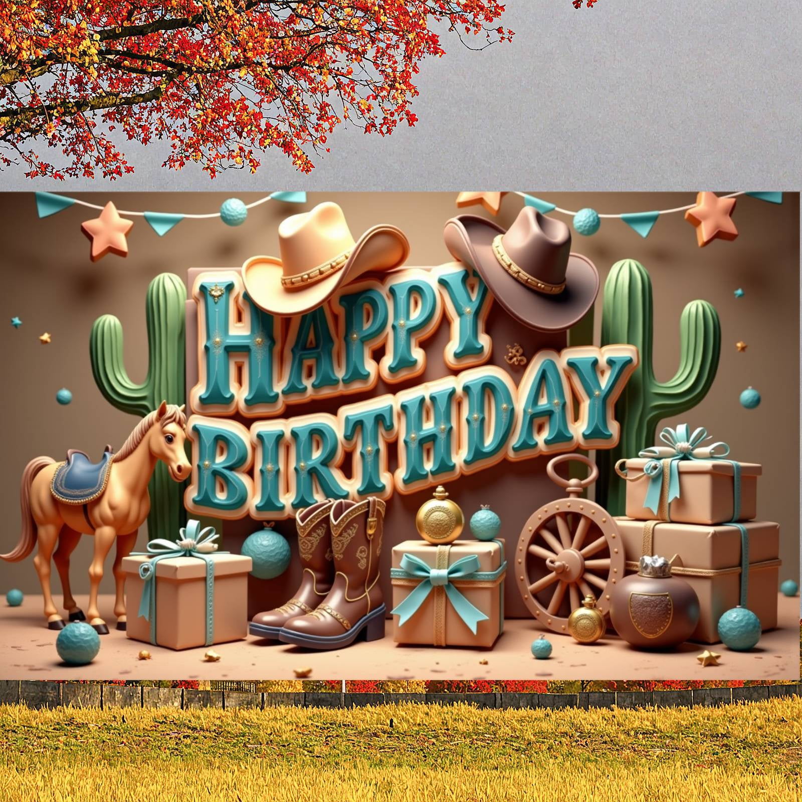 Western Style Banner 3D Lettering Cowboy Birthday Backdrop Brown Blue ...