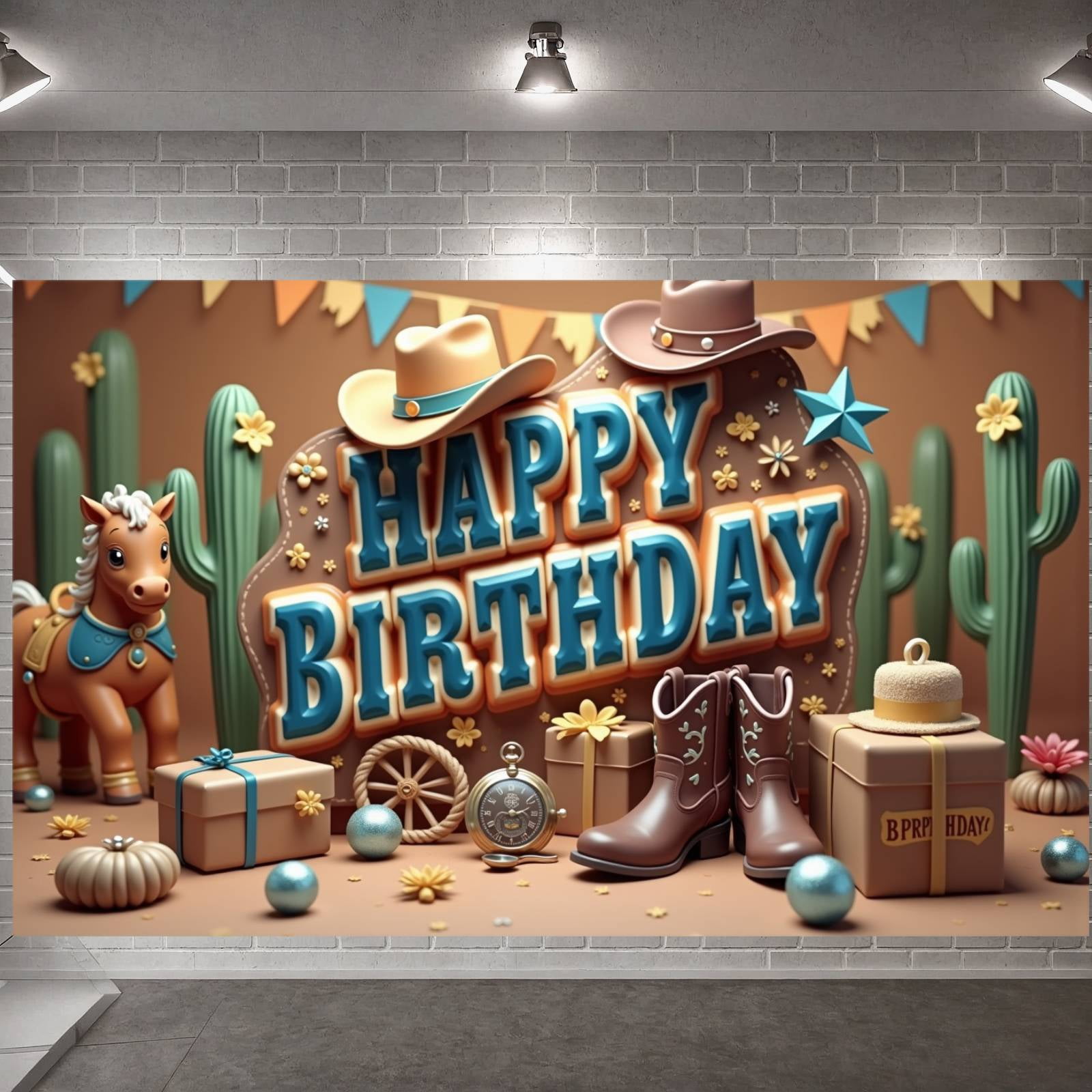 Western Style Banner 3D Lettering Cowboy Birthday Backdrop Brown Blue ...