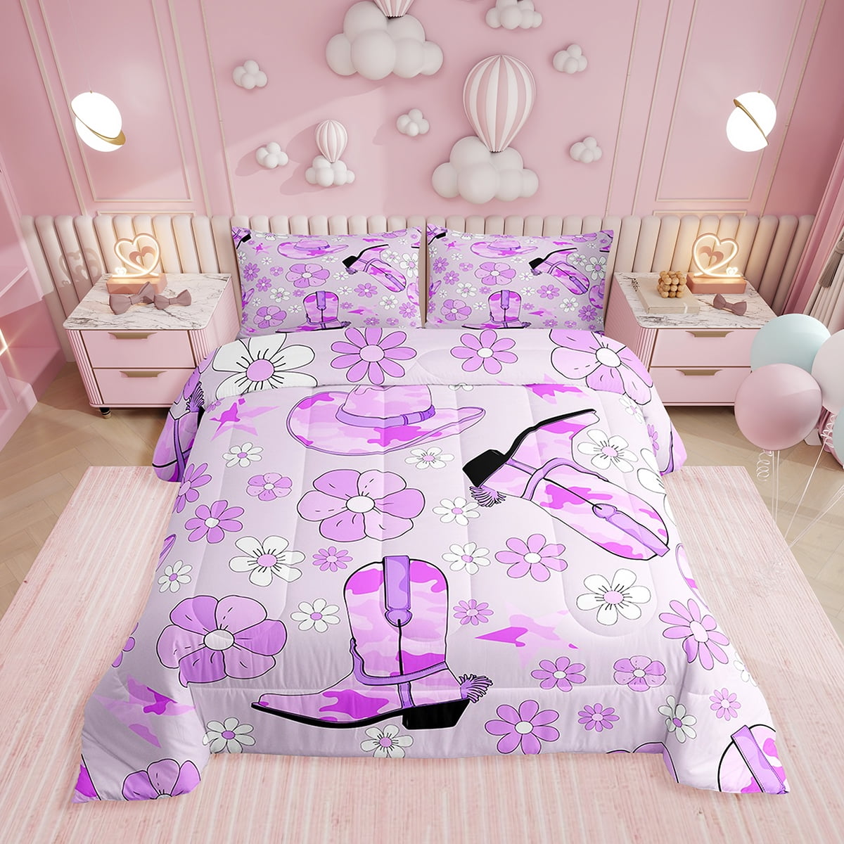 Western Style Queen Comforter Set,Cowgirl Boots Hat Flower Bedding Set ...