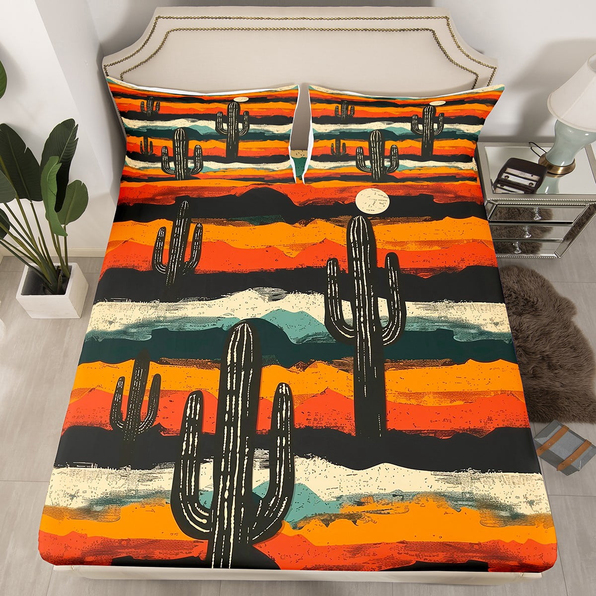 Western Style Queen Fitted Sheet,West Cactus Desert Bedding Set Adults ...
