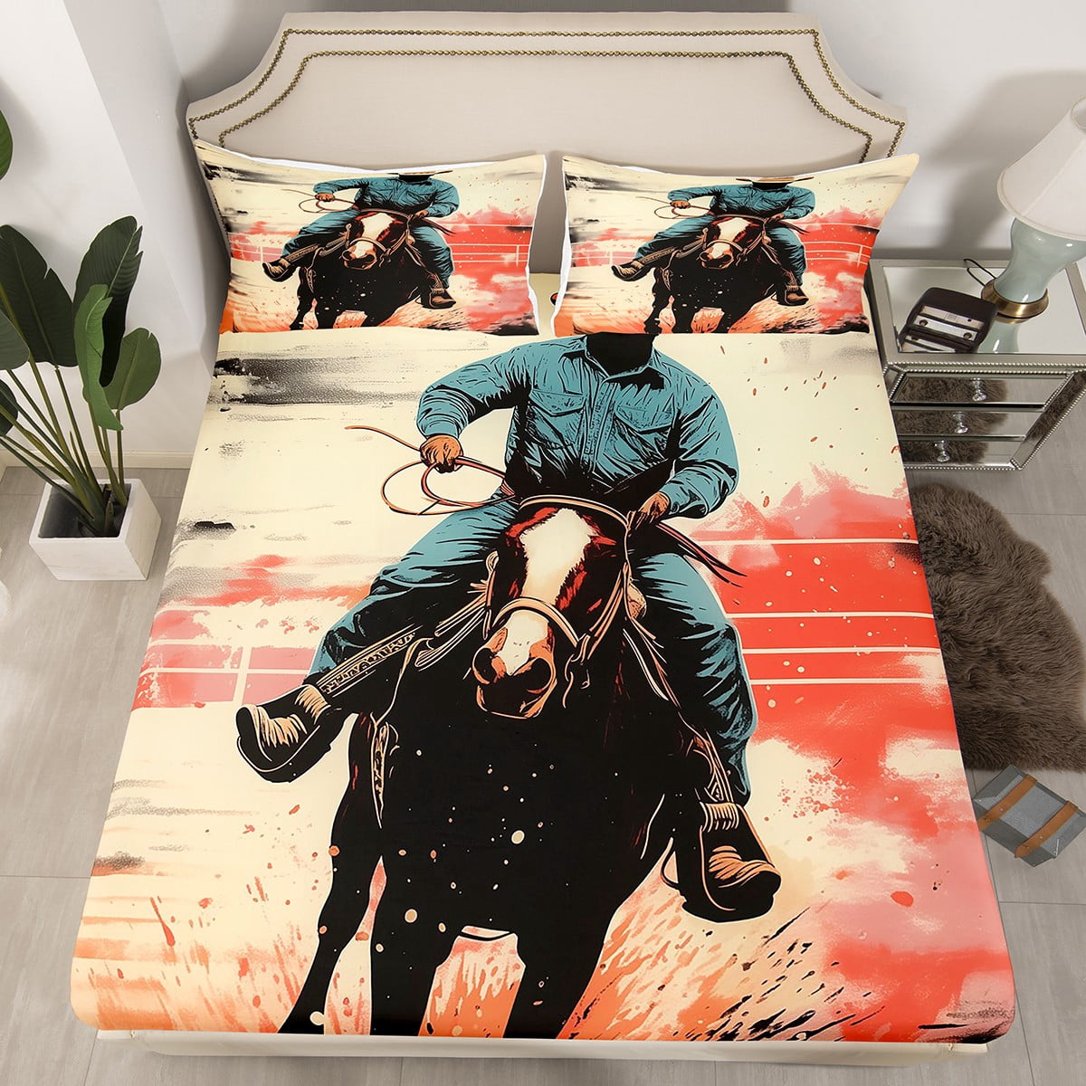 Western Style Queen Fitted Sheet,West Cowboy Horse Bedding Set Men Room ...