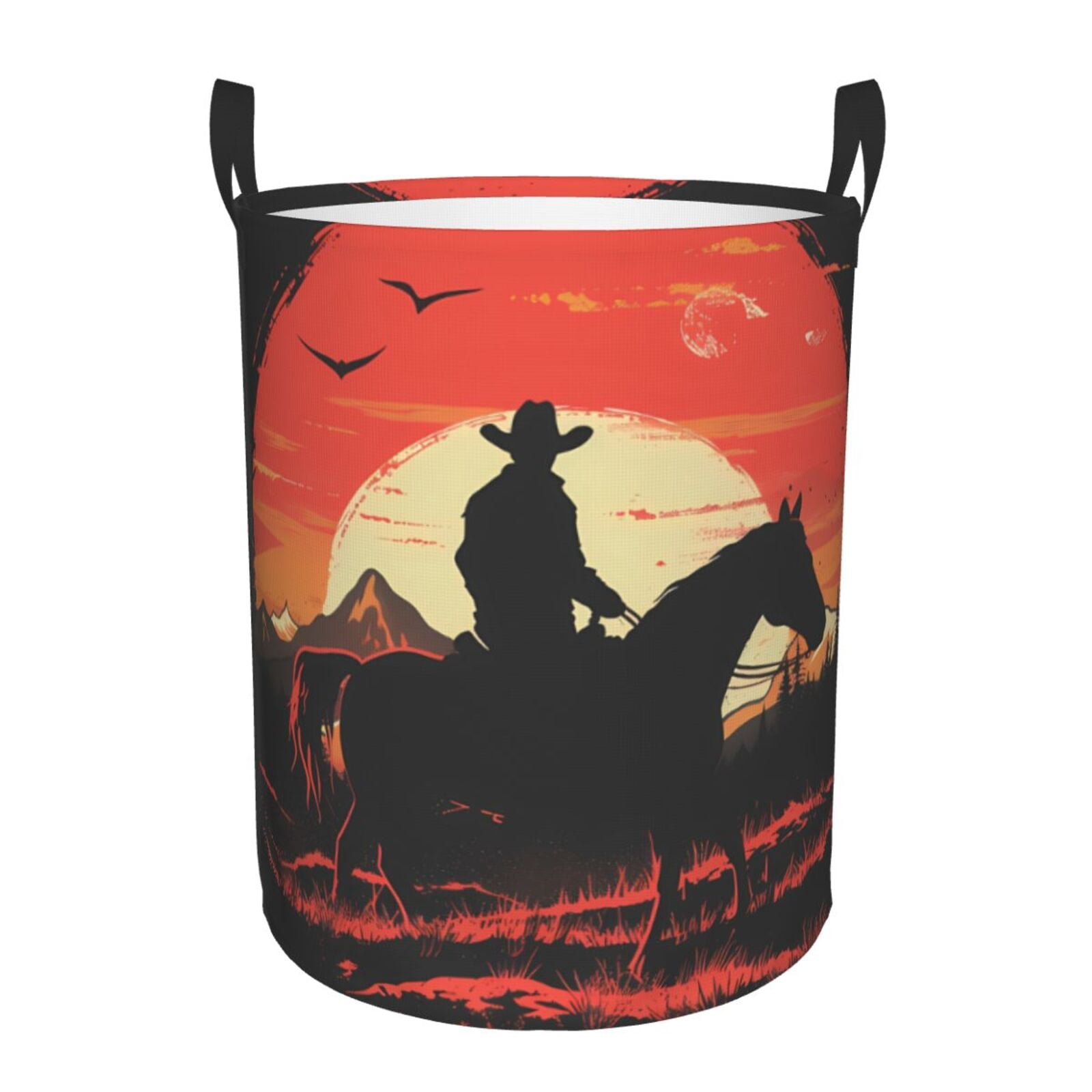 Western Sunset Cowboy Round Laundry Basket, Laundry Hamper with Handle ...