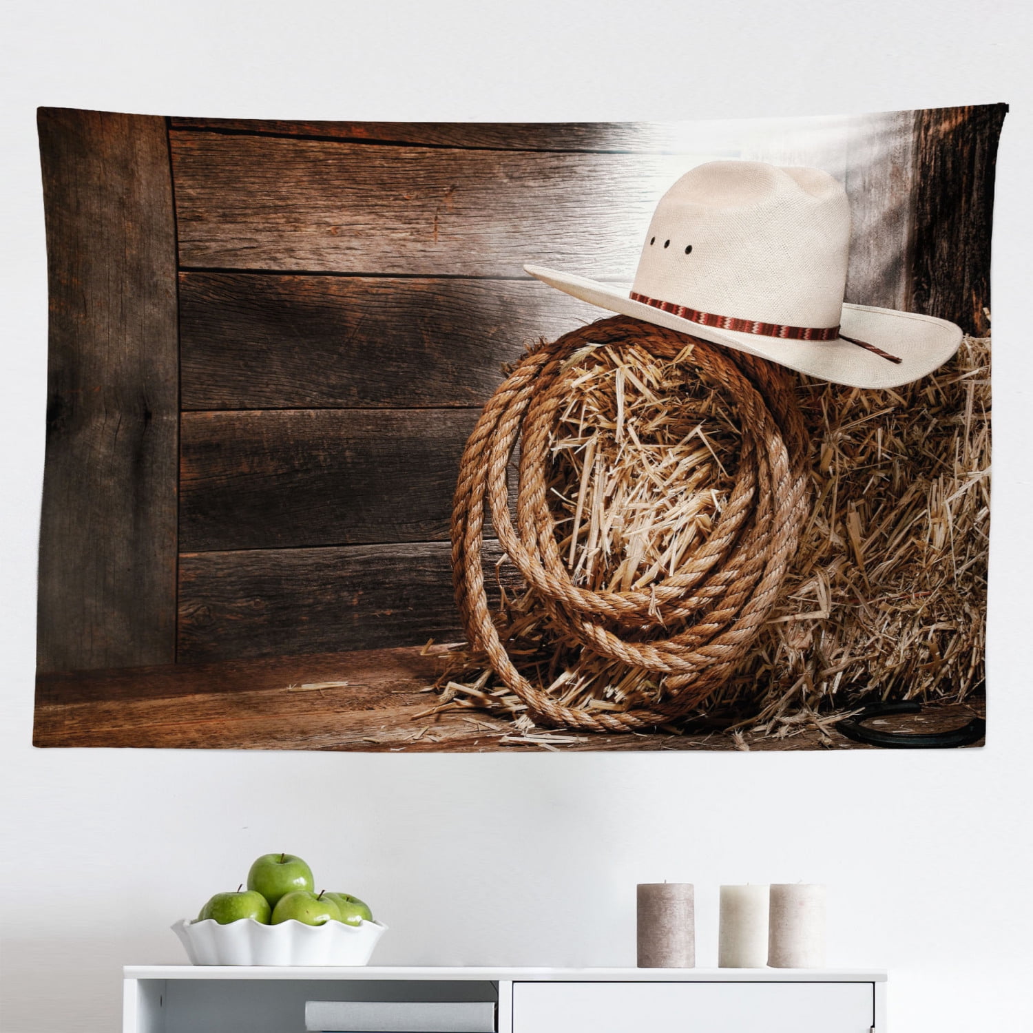 Western Tapestry, Traditional Rodeo Cowboy Hat and Cowgirl Boots Retro ...