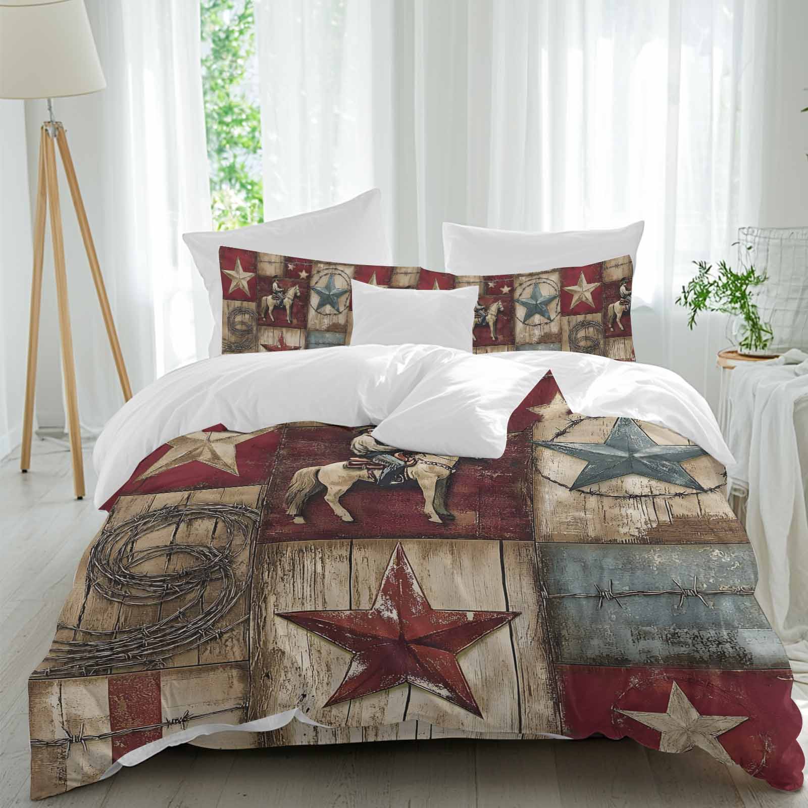 Western Texas Duvet Cover Set Queen Size, Star Cowboy Wood Grain ...