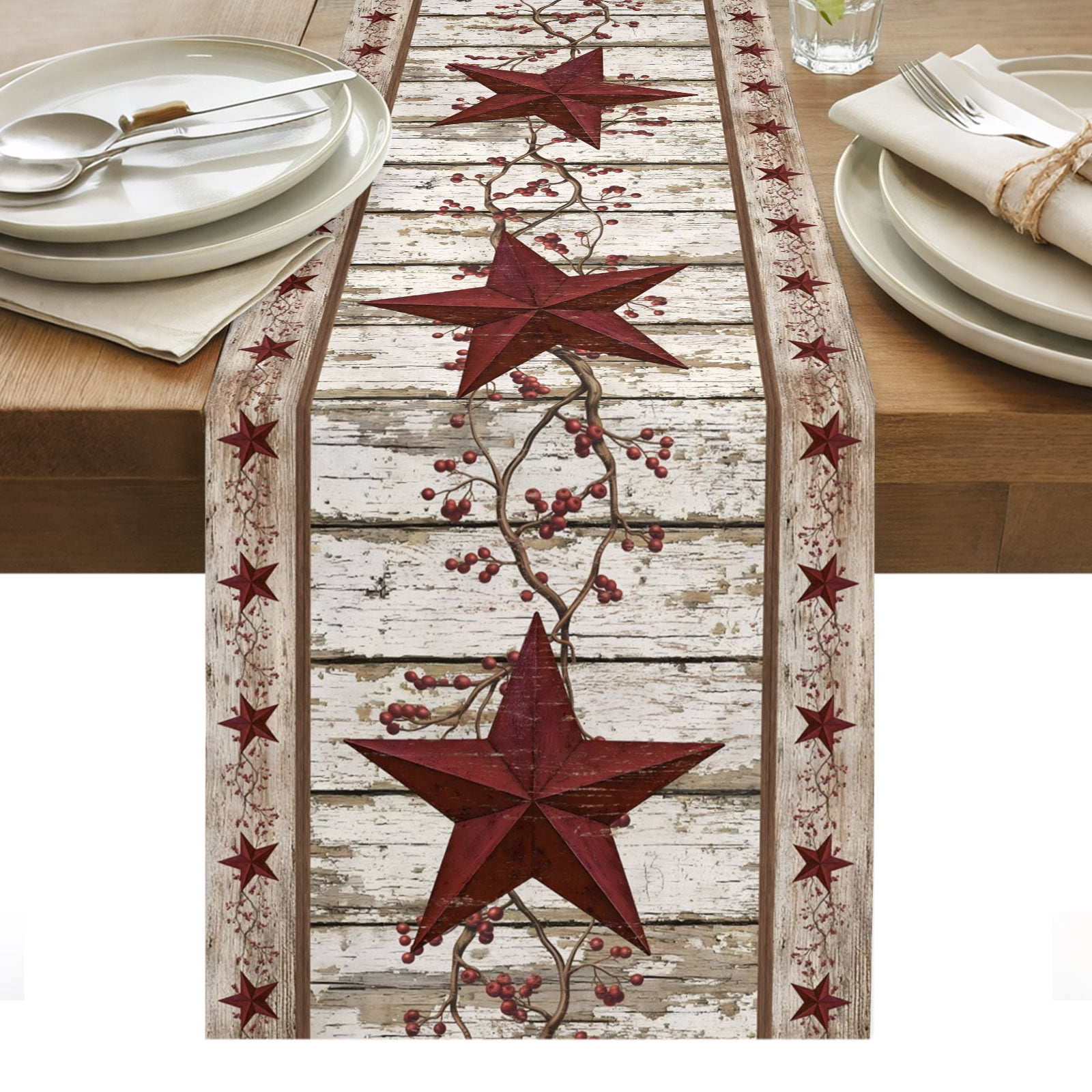 Western Texas Star Cotton Linen Table Runner Vintage Red Star Berry ...