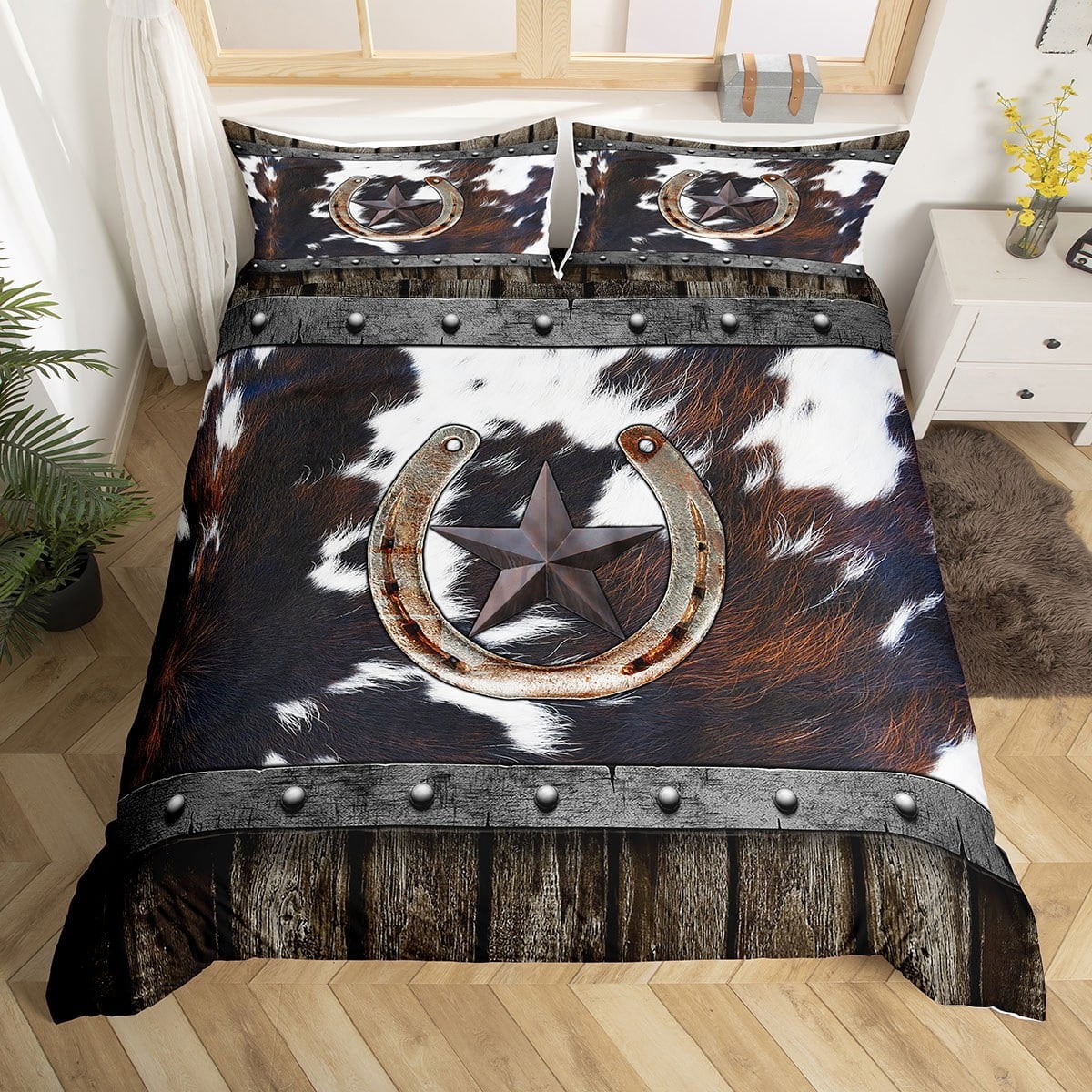 Western Texas Star Duvet Cover Cowhide Horseshoe Bedding Sets For Boys ...