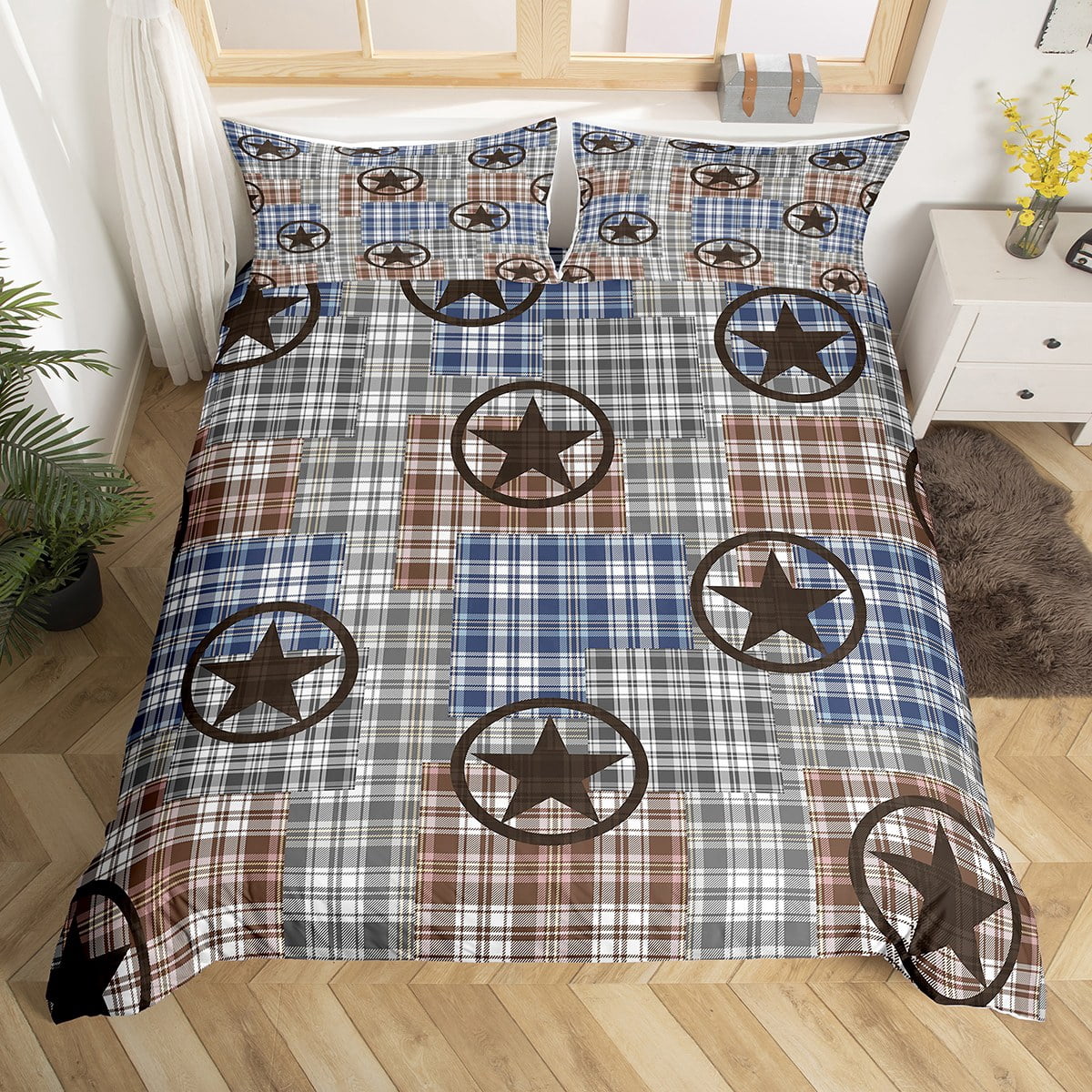 Western Texas Star Duvet Cover Red and Blue Grid Bedding Set Gifts for ...