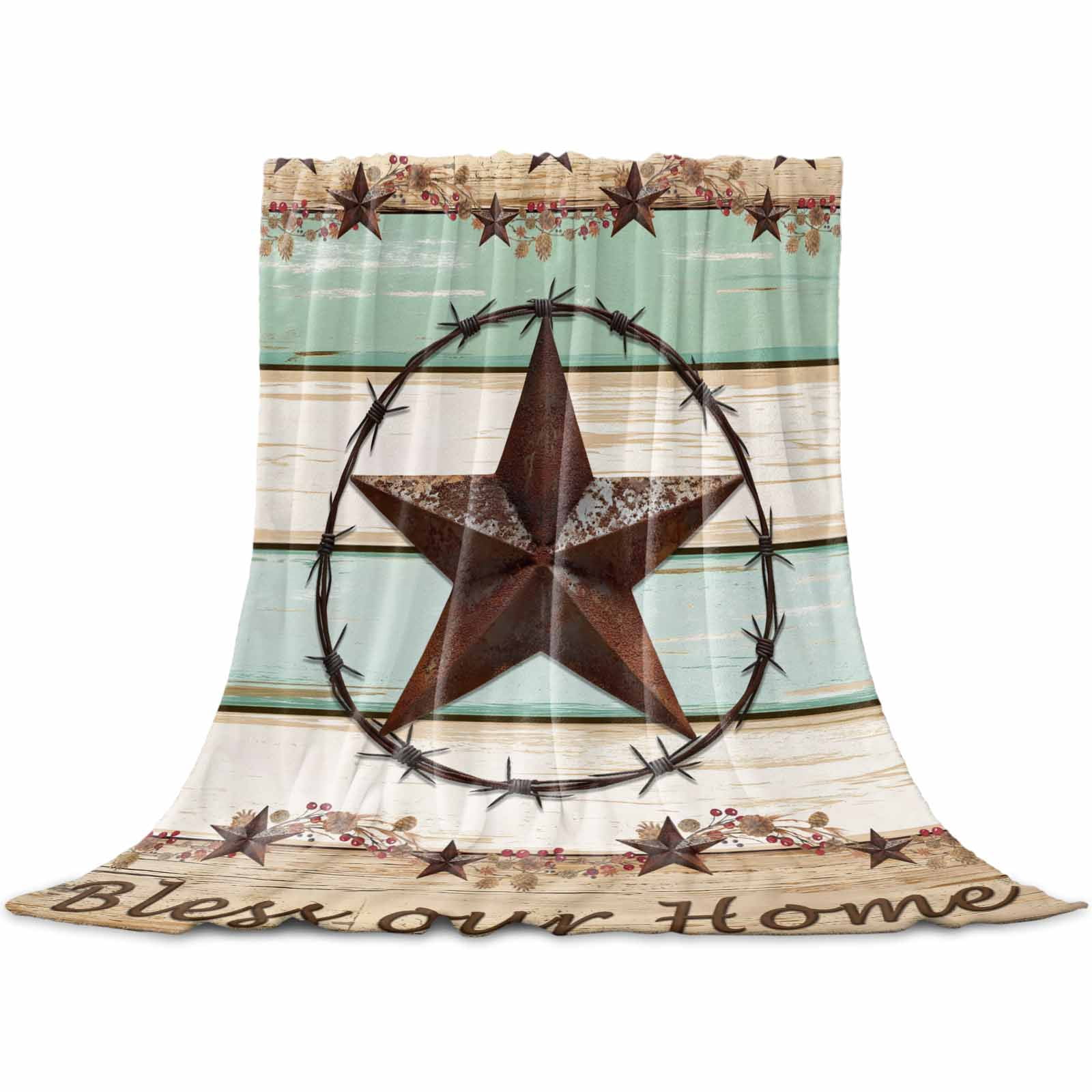 Western Texas Star Green Flannel Blanket for Bed, Farmhouse Brown ...