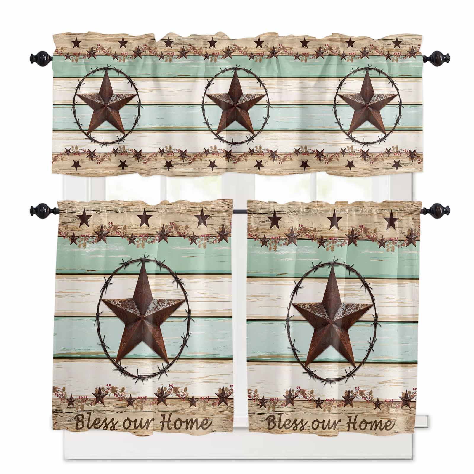 Western Texas Star Green Kitchen Curtains Set for Windows 3 Pieces,24 ...