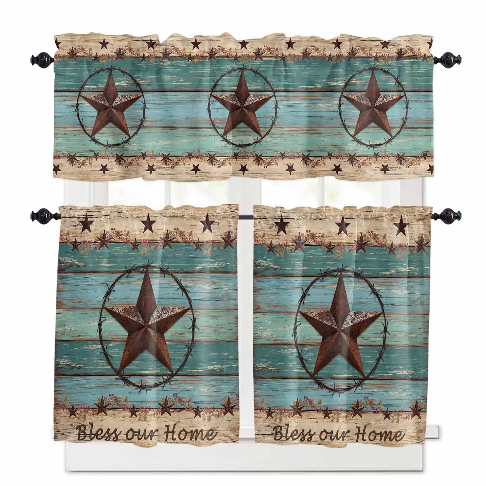 Western Texas Star Kitchen Curtains and Valances Set, Retro Turquoise ...