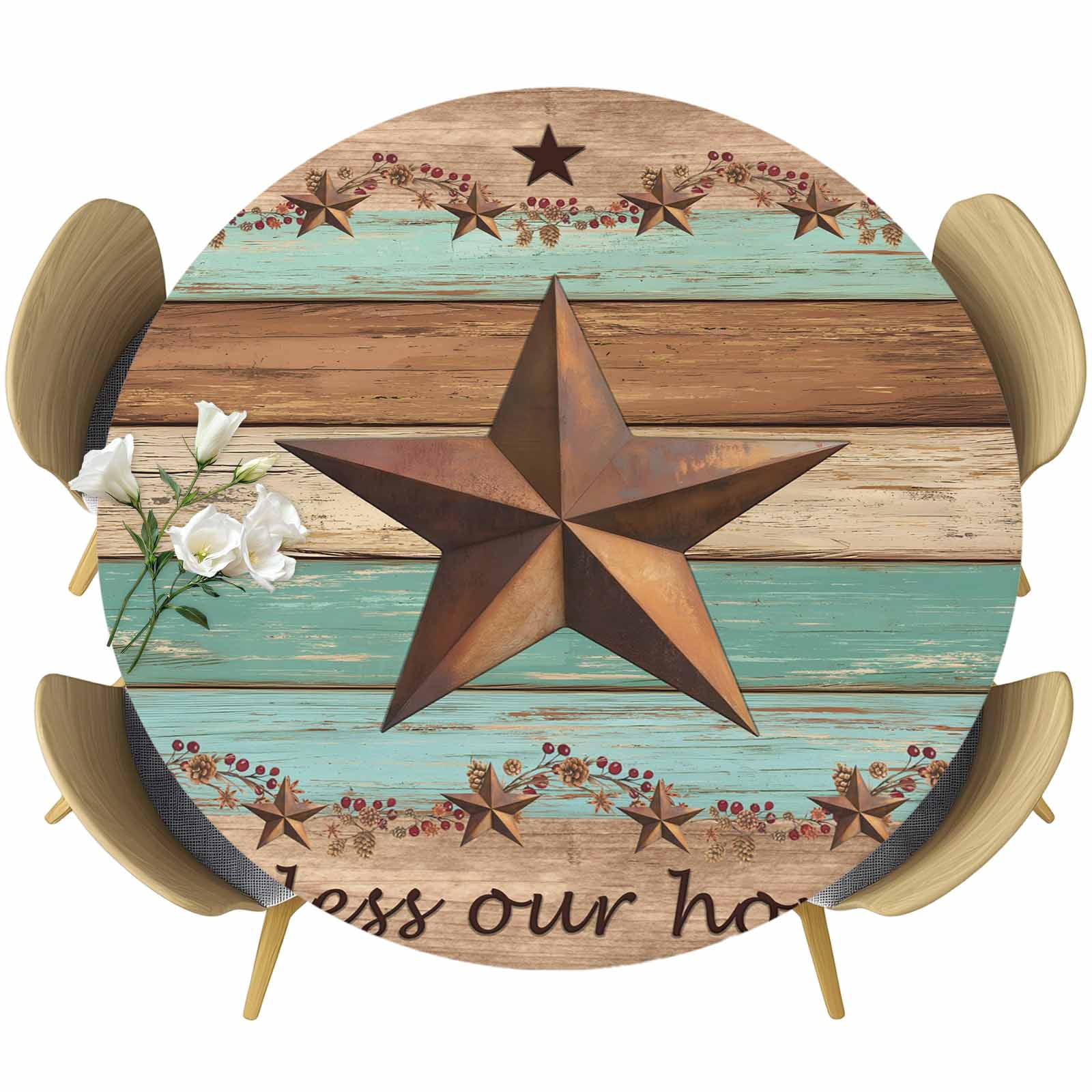 Western Texas Star Vintage Round Tablecloth, Fitted Table Cover with ...