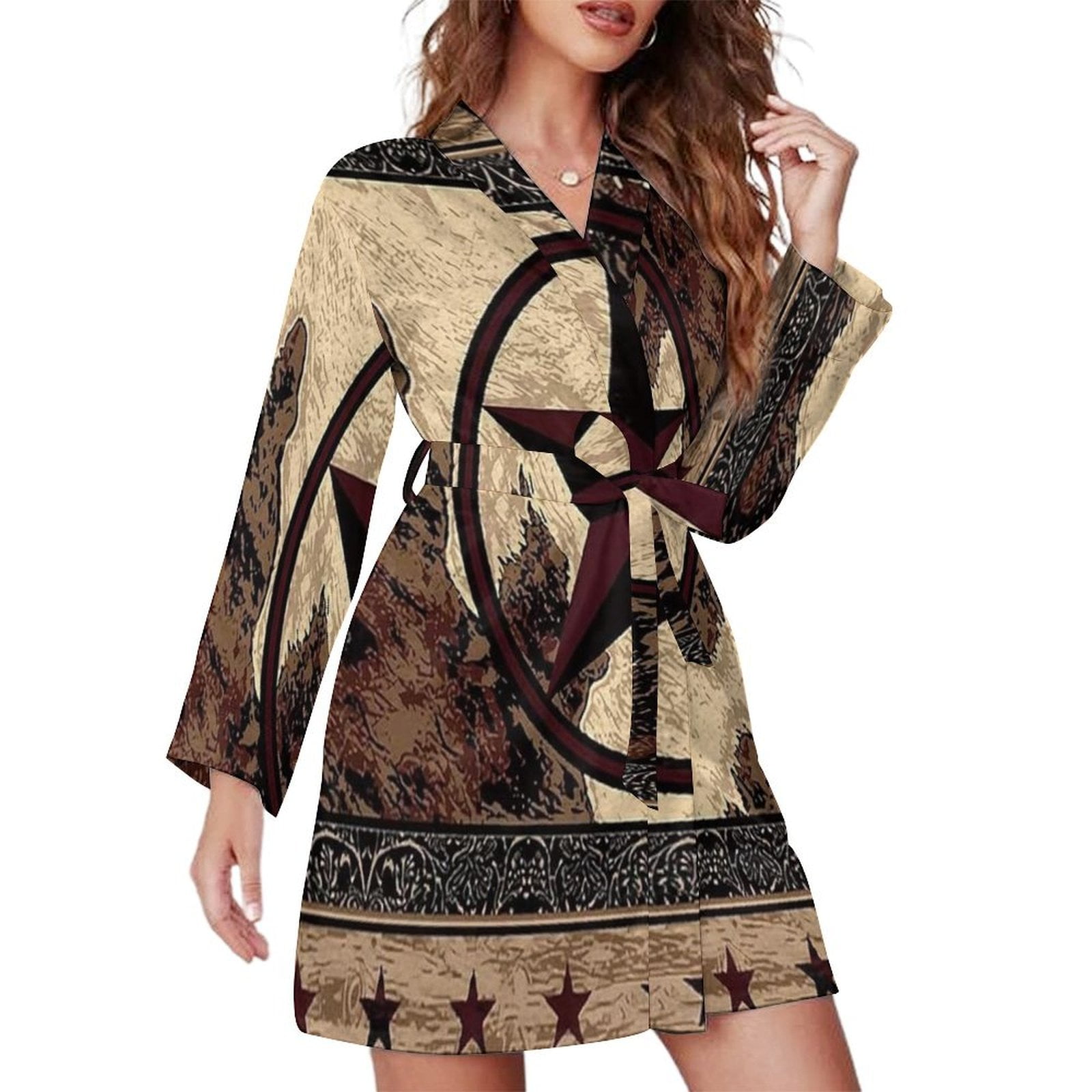 Western Texas Star on Wood Night Robe Long Sleeve V Neck Robe With Belt ...
