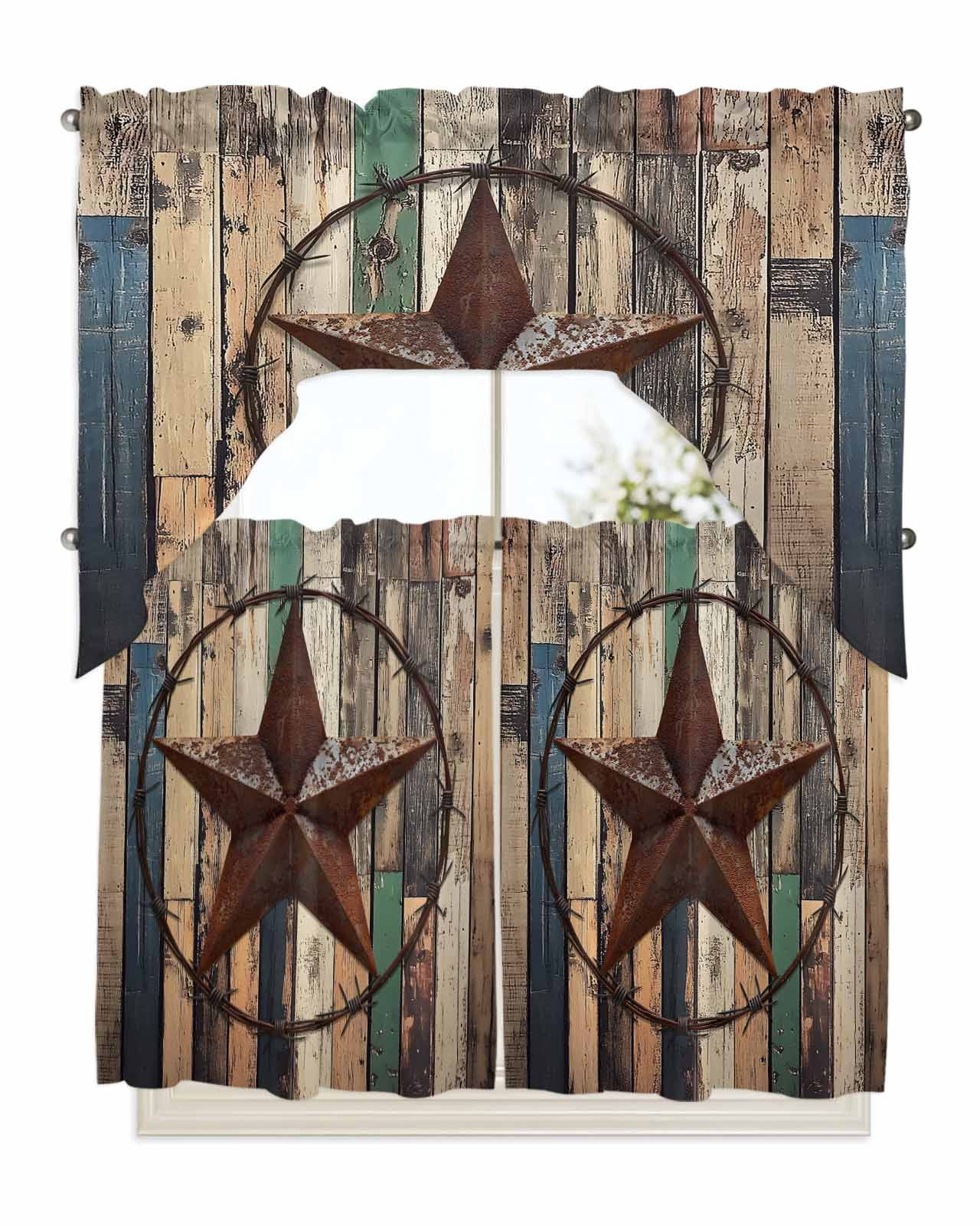 Western Texas Stars Kitchen Curtains Swag Valance and Tier Curtains Set ...