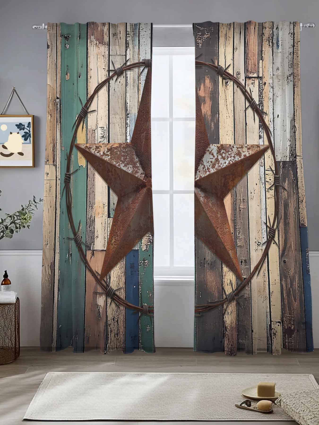 Western Texas Stars Sheer Curtains for Living Room Bedroom Teal Brwon ...