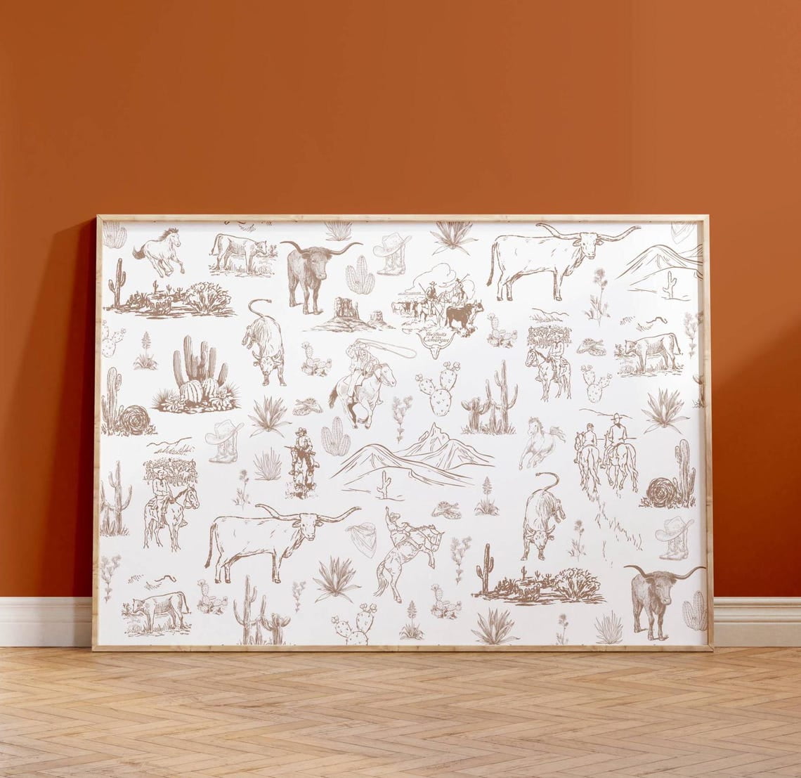 Western Toile Landscape Poster, Trendy Cowgirl Print, Vintage Cowboy ...