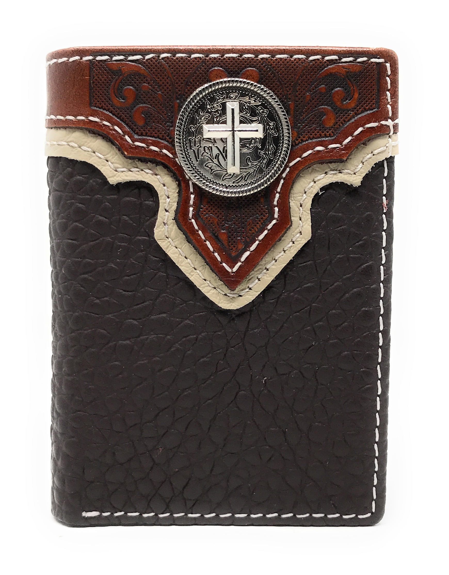 Western Tooled Genuine Leather Cross Men's Trifold Wallet, 2 Colors, 6 ...