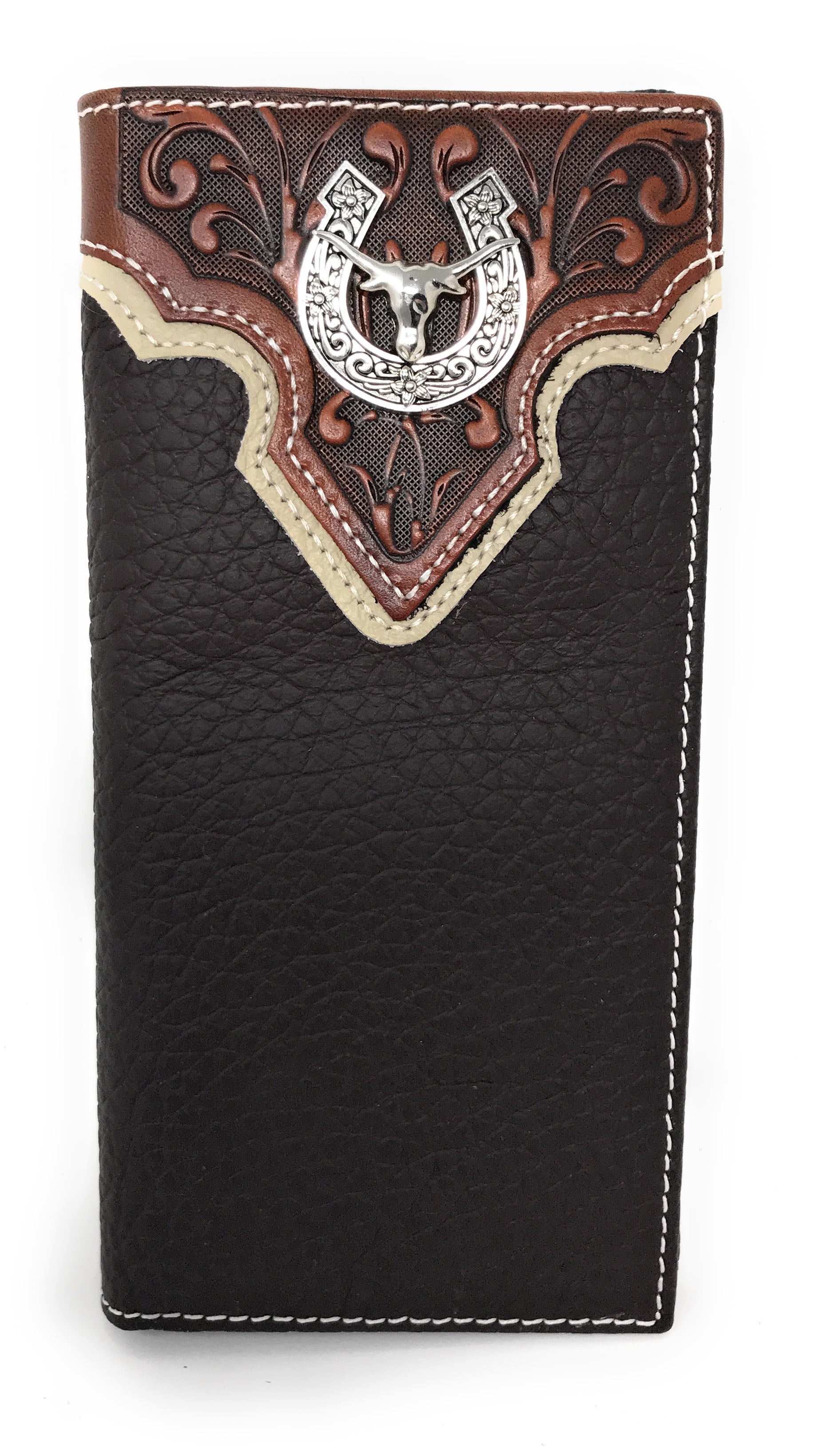 Western Tooled Genuine Leather Longhorn Spur Men's Long Bifold Wallet ...