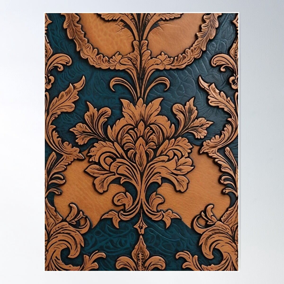 Western Tooled Leather Look Denim Blue And Brown Poster Wall Art ...