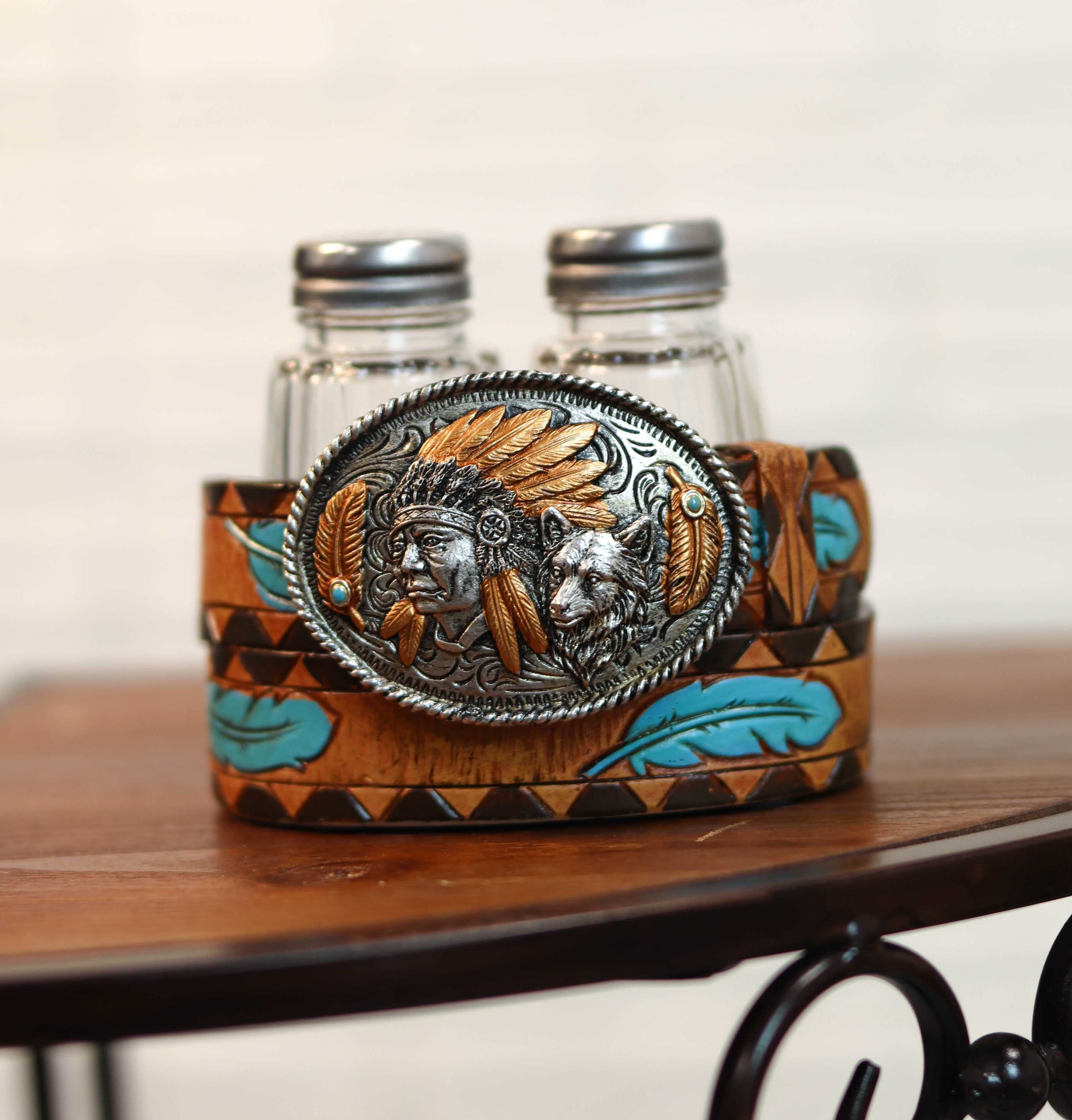 Western Turquoise Sun And Floral Lace On Belt Buckle Salt Pepper ...