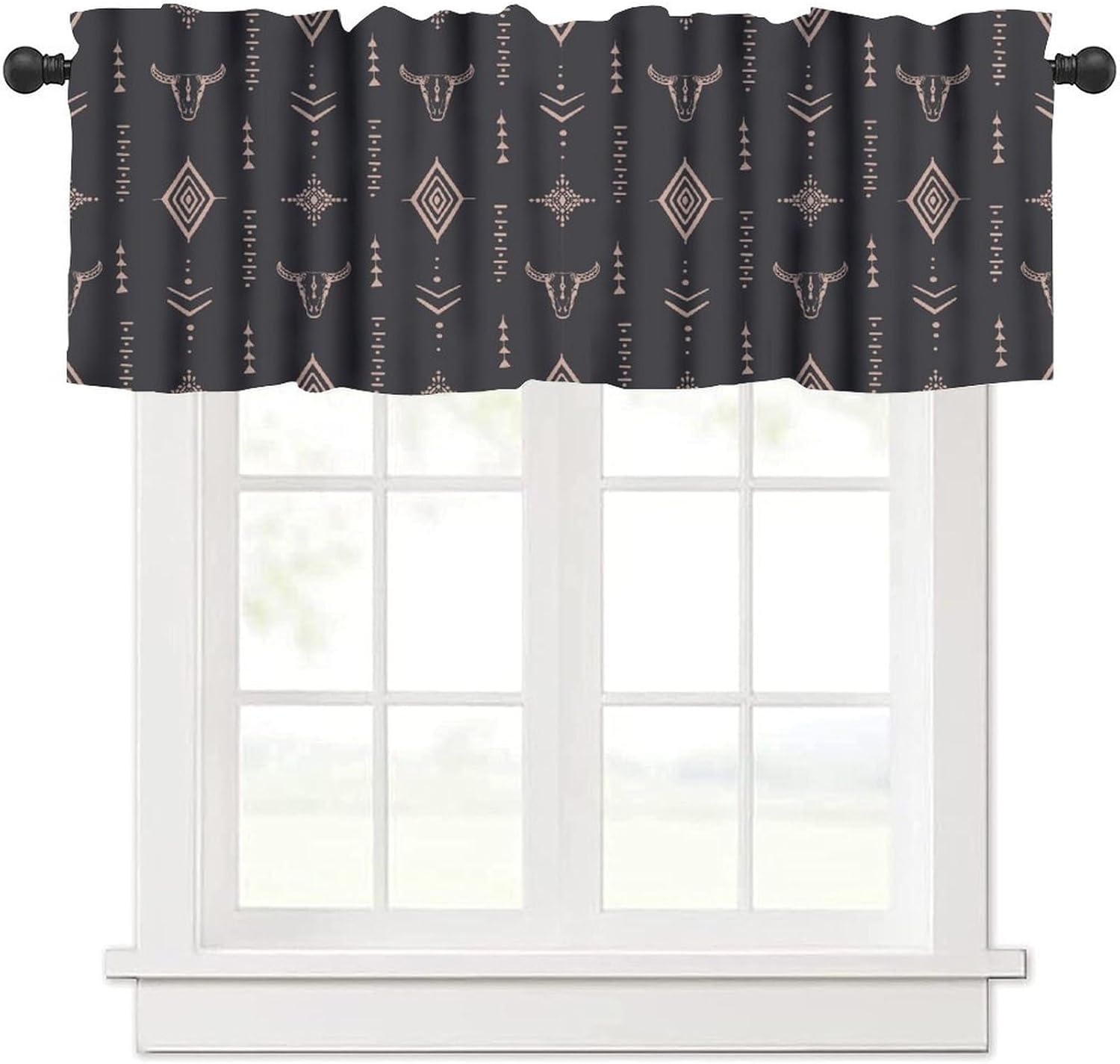 Western Valance Curtains Bull Skull Boho Aesthetic Aztec Art Print Rod ...