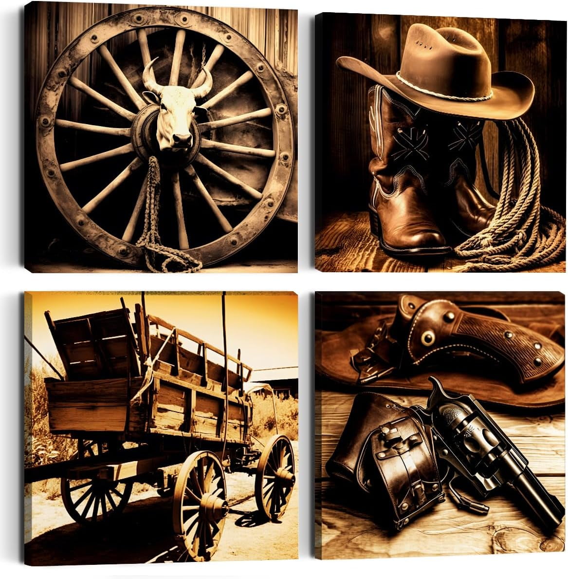 Western Wall Decor Cowboy Wall Art 4PC Canvas Wall Art Hat Boot Saddle Leather Rancher Vintage ...
