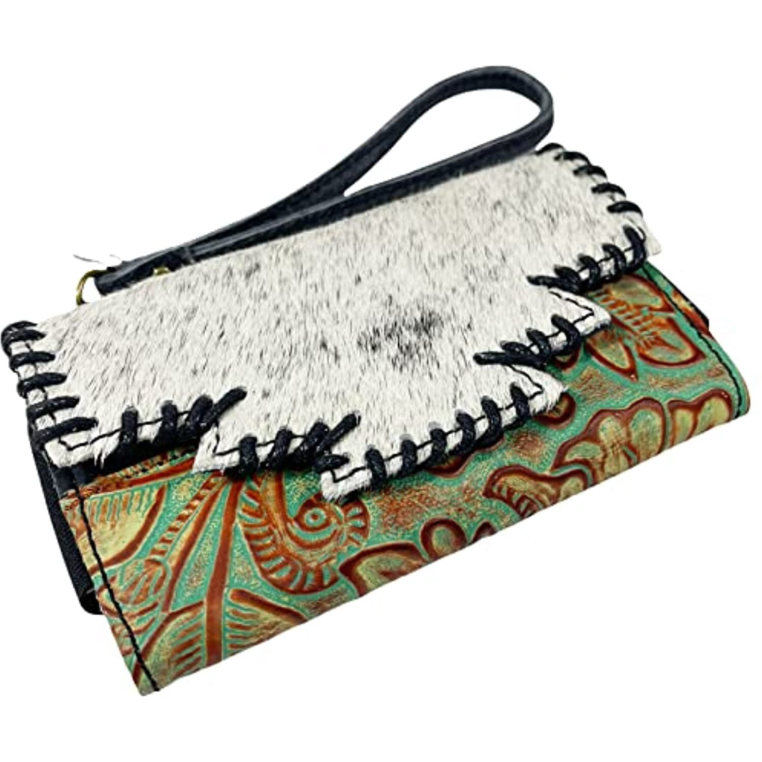 Western Wallet Leather Cowhair Tooled Cell Phone Holder Clutch ...