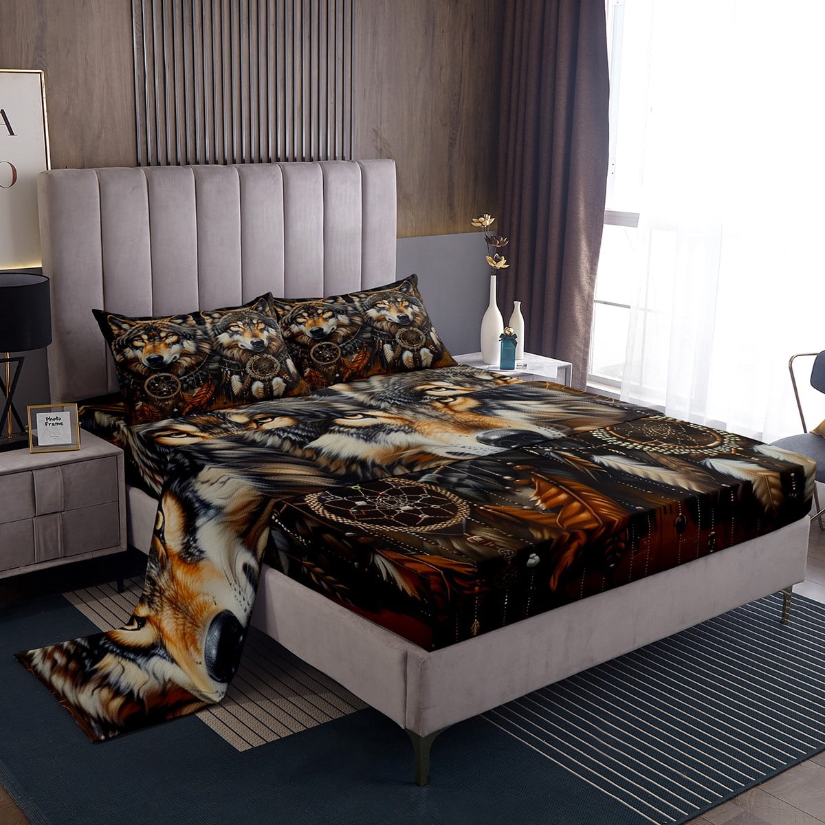 Western Wolf Bed Sheets Set Queen,Bohemian Exotic Dreamcatcher Sheet ...
