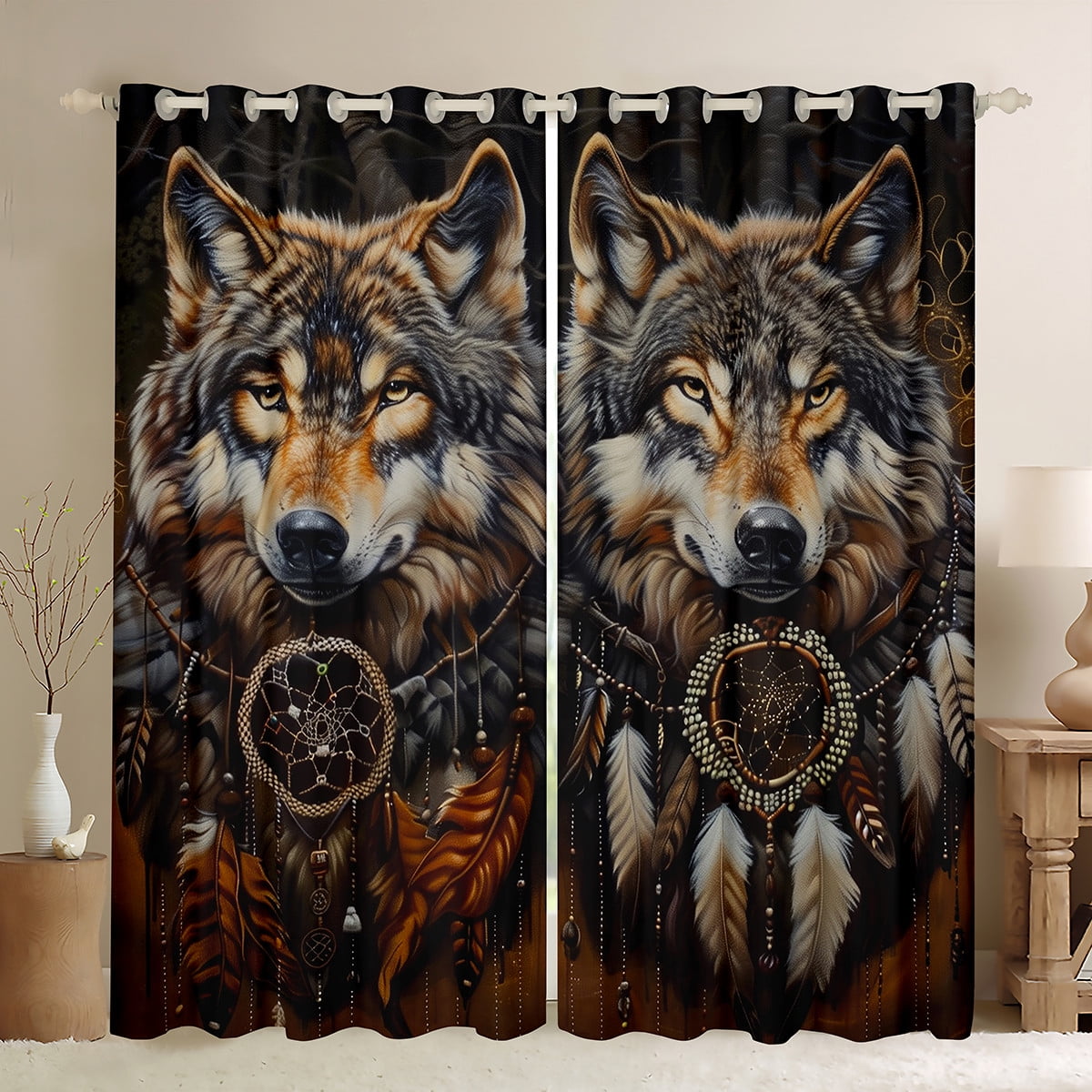 Western Wolf Curtains,Bohemian Exotic Dreamcatcher Window Curtains ...