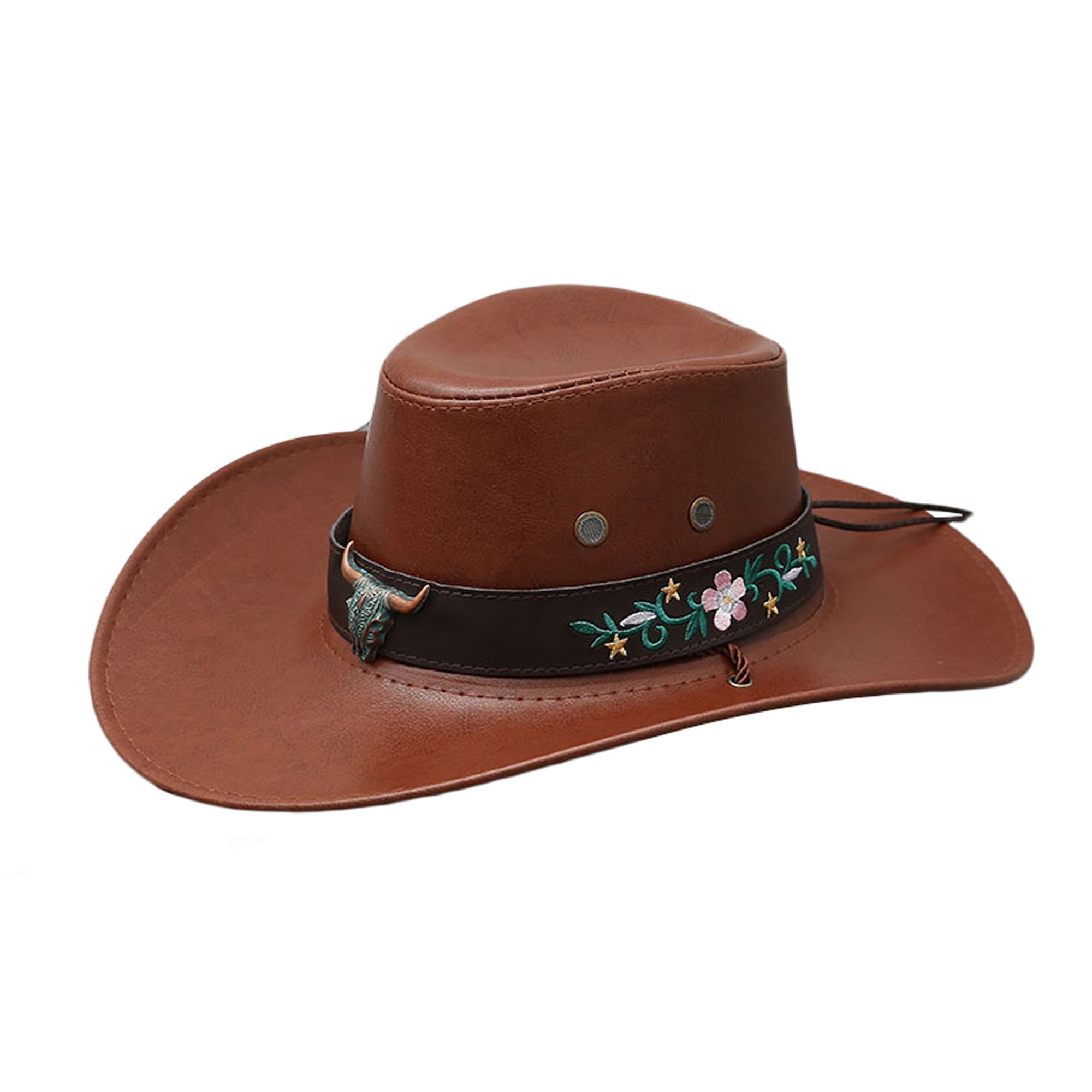 Western Women Cowgirl Hat Floral Embroidered Bull Head Rivets Wide Brim ...