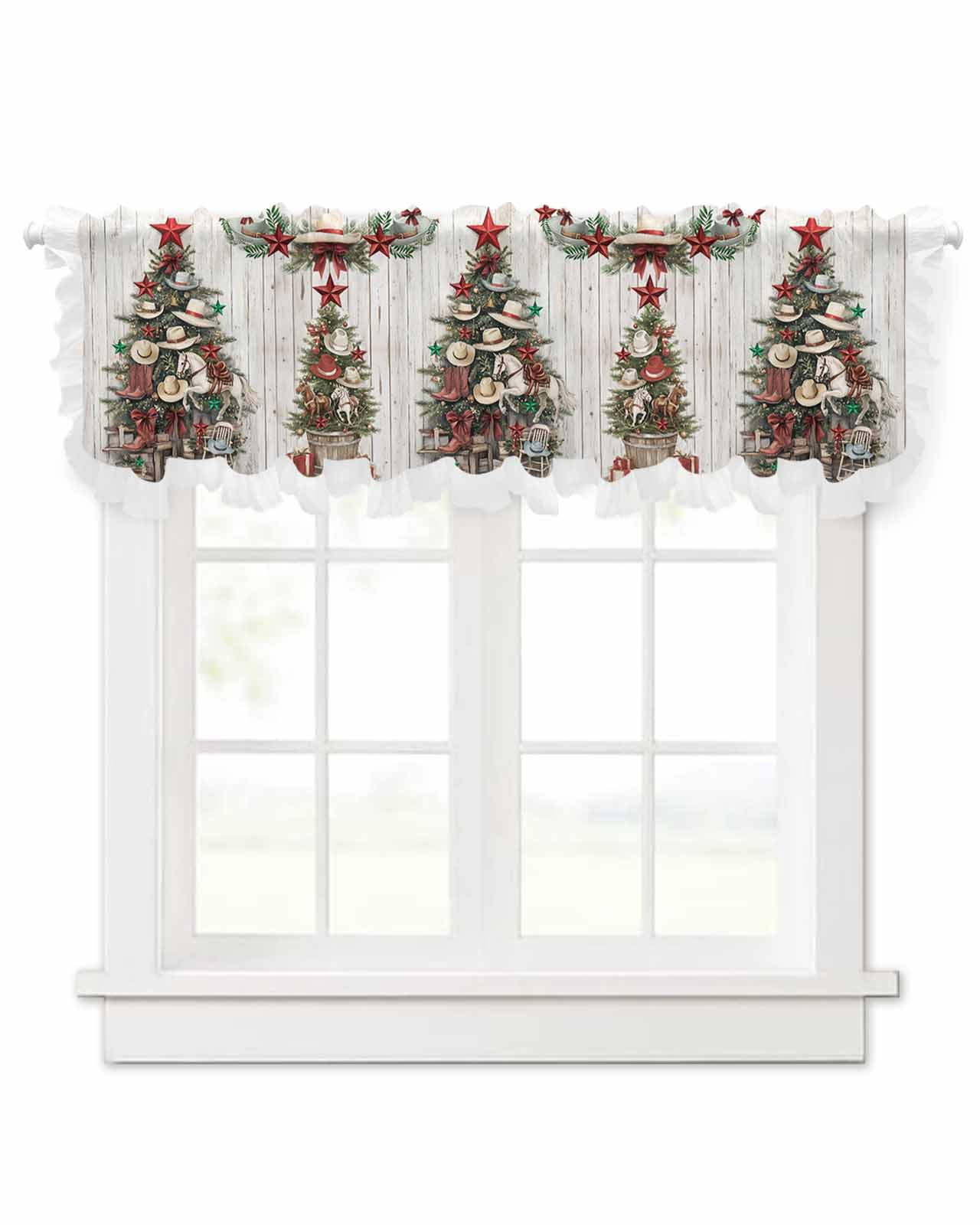 Western Xmas Cowboy Hat Boot Ruffled Valance for Windows, Winter Tree ...