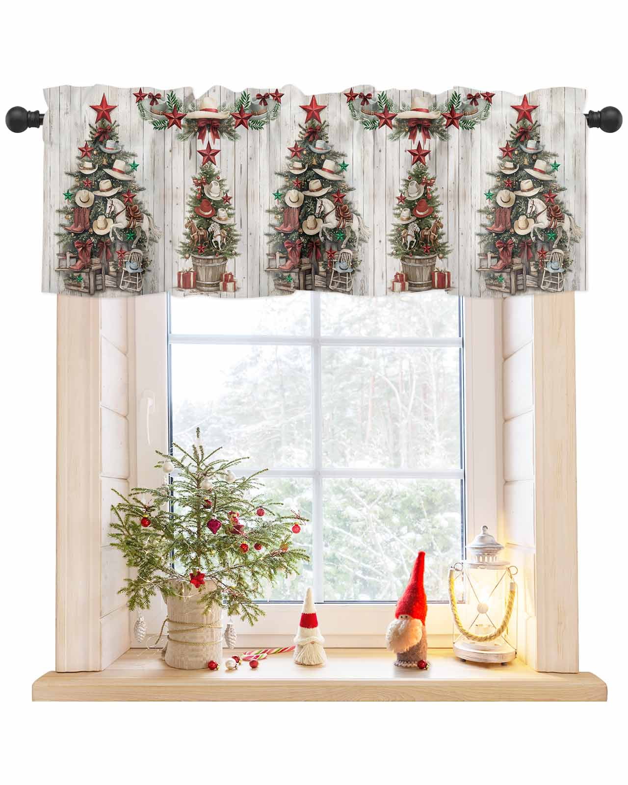 Western Xmas Cowboy Hat Boot Window Valance for Kitchen, Winter Tree ...