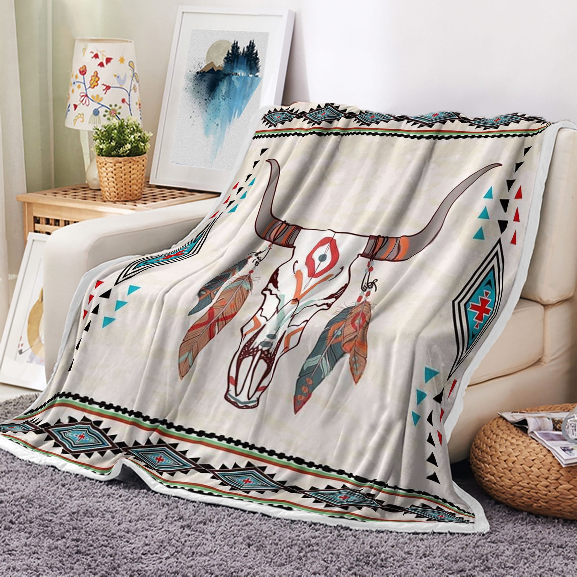 Western throw blanket, Boho Bull Skull fleece blanket Aztec American ...