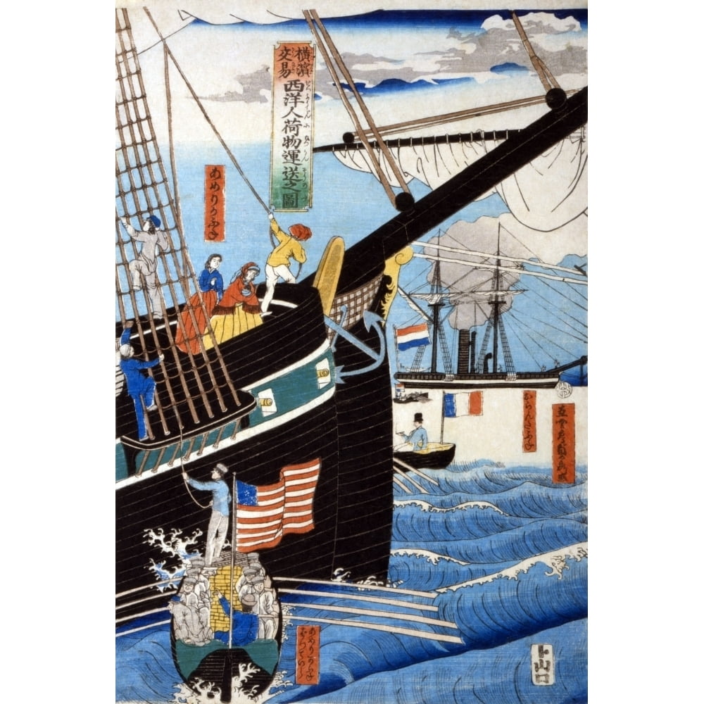 Western traders at Yokohama transporting merchandise and westerners Poster Print by Sadahide ...