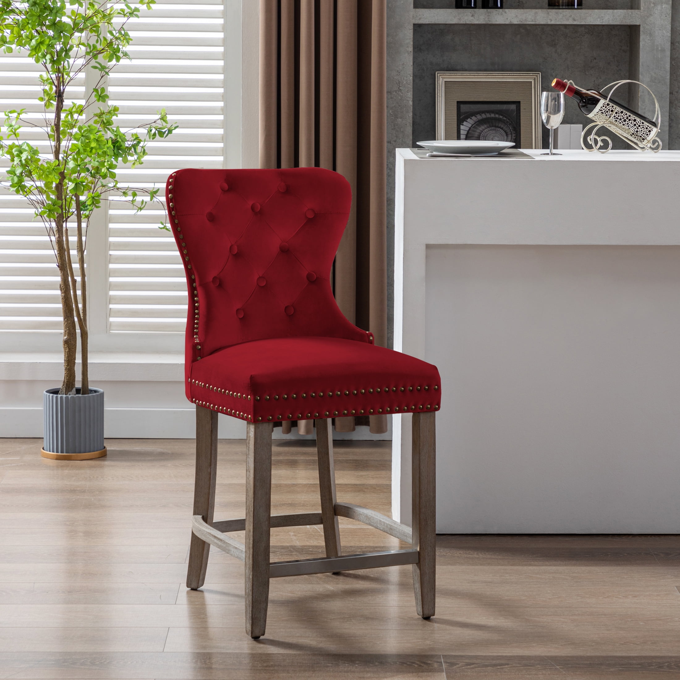 WestinTrends 24" Wordford Velvet Counter Stool, Wingback Tufted Button ...