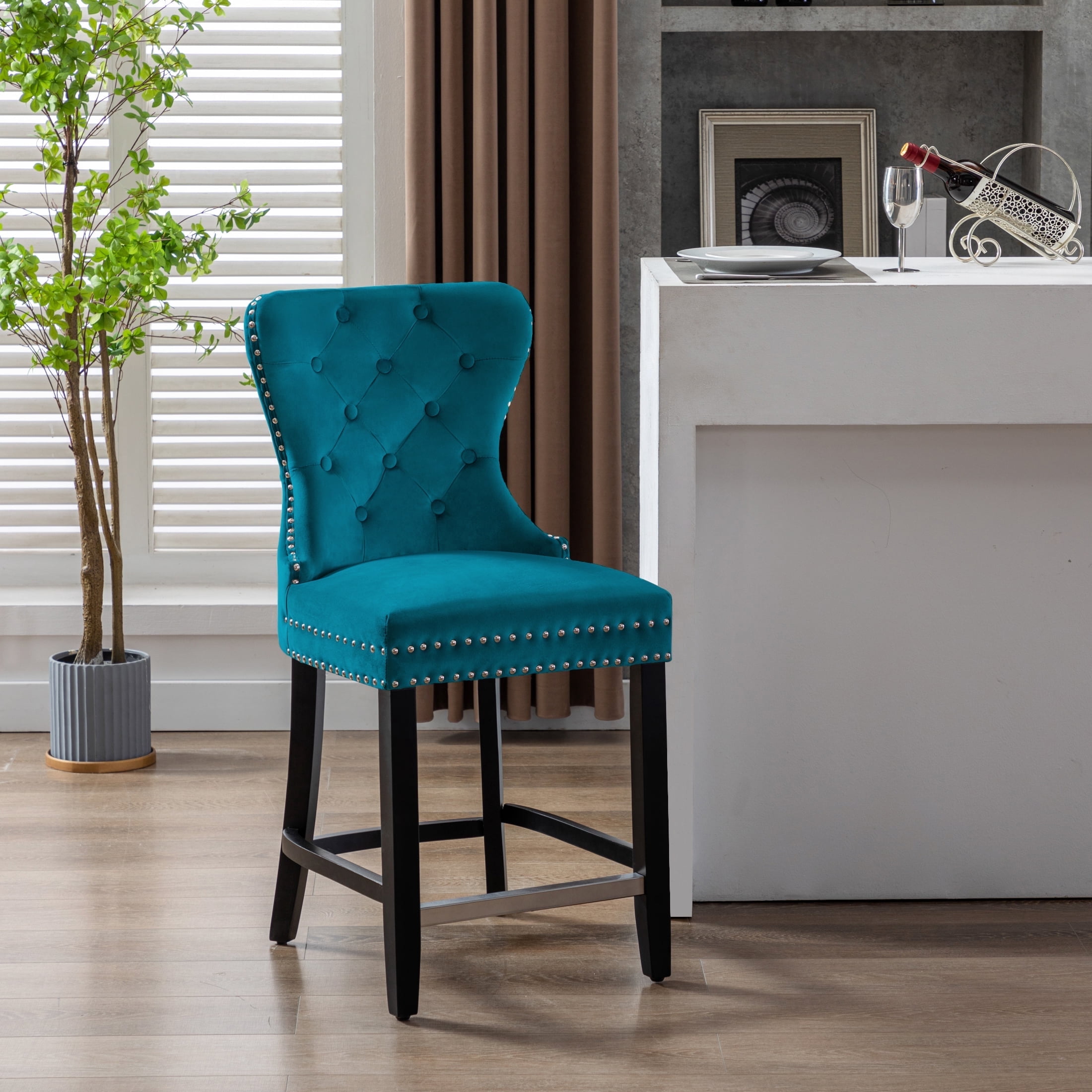 WestinTrends Wordford 24" Tufted Velvet Counter Stool, Black/ Teal ...