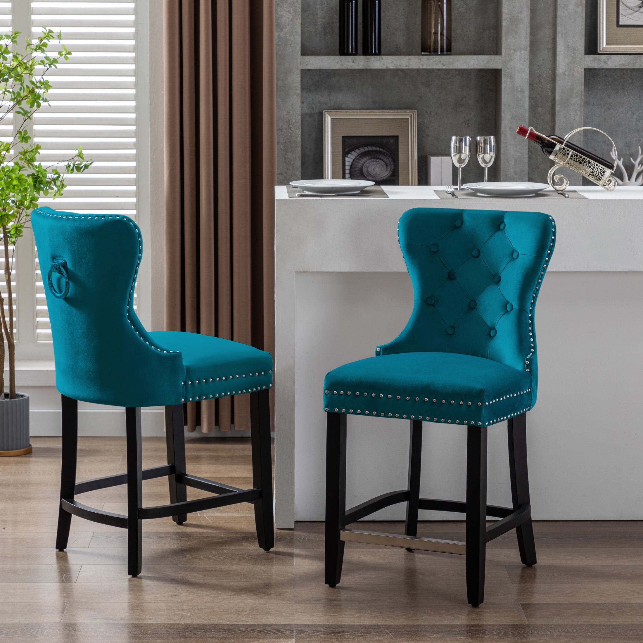 WestinTrends Wordford 24" Tufted Velvet Counter Stool (Set of 2), Black ...