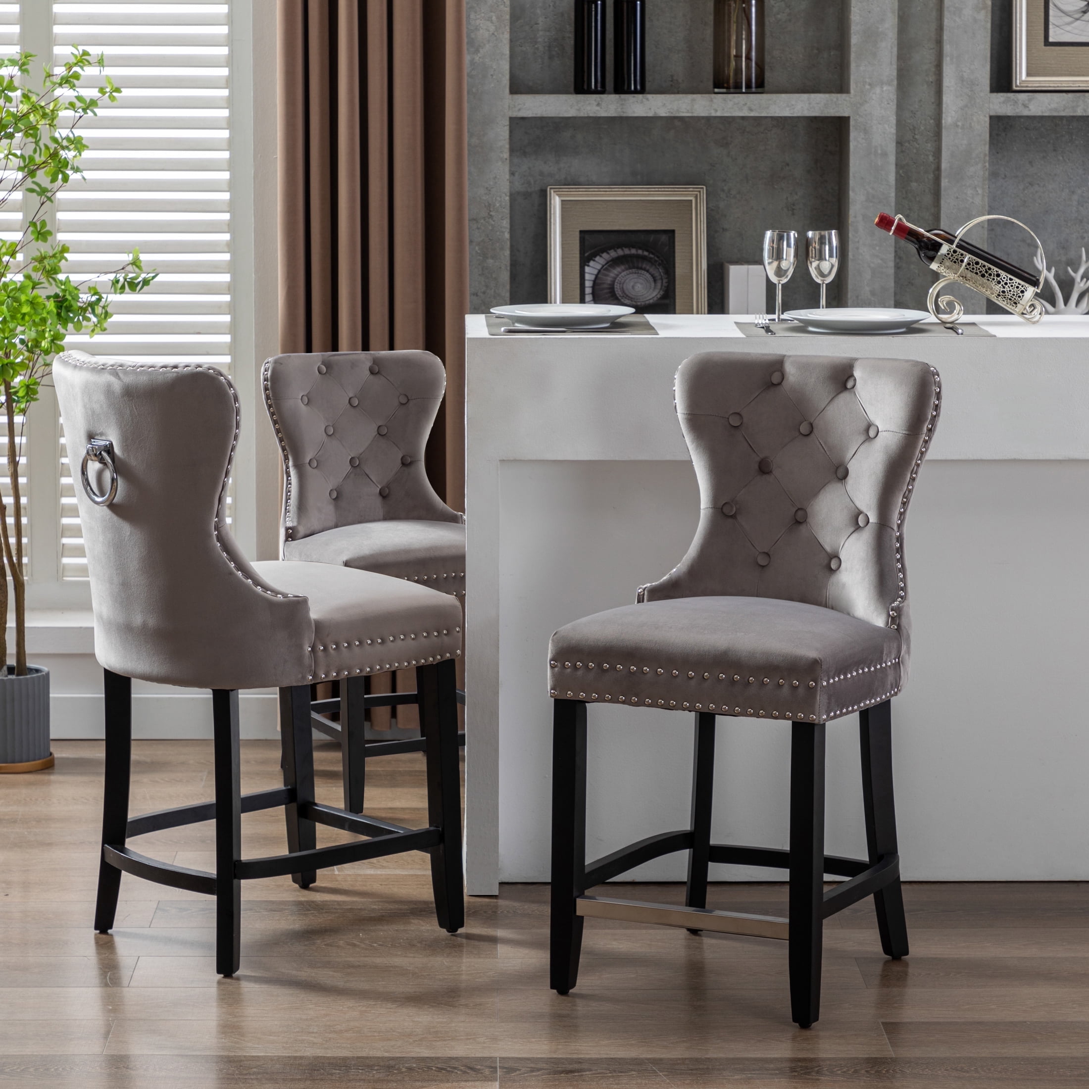 WestinTrends Wordford 24" Tufted Velvet Counter Stool (Set of 3), Black ...