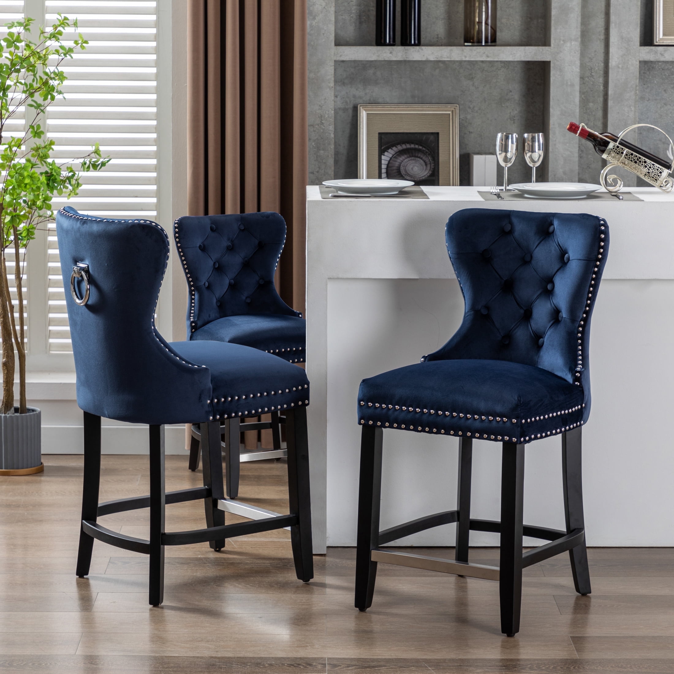 WestinTrends Wordford 24" Tufted Velvet Counter Stool (Set of 3), Black ...
