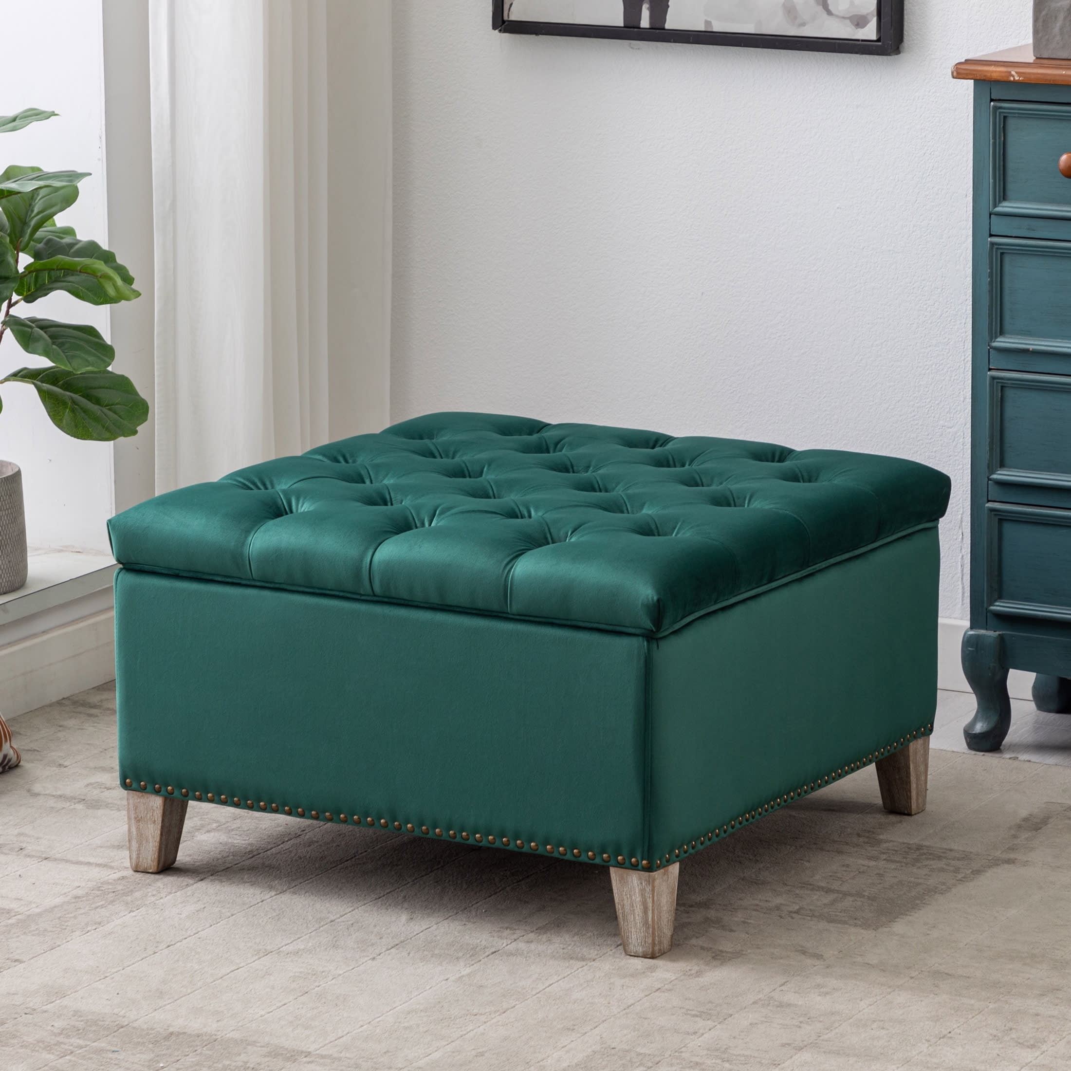 WestinTrends 29.5" Wide Velvet Tufted Square Ottoman With Storage, Dark ...