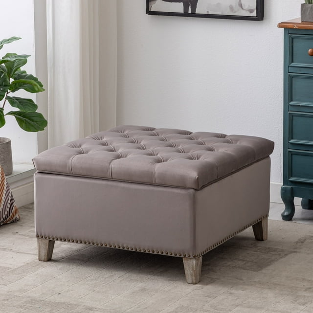 WestinTrends 29.5" Wide Velvet Tufted Square Ottoman With Storage, Gray ...