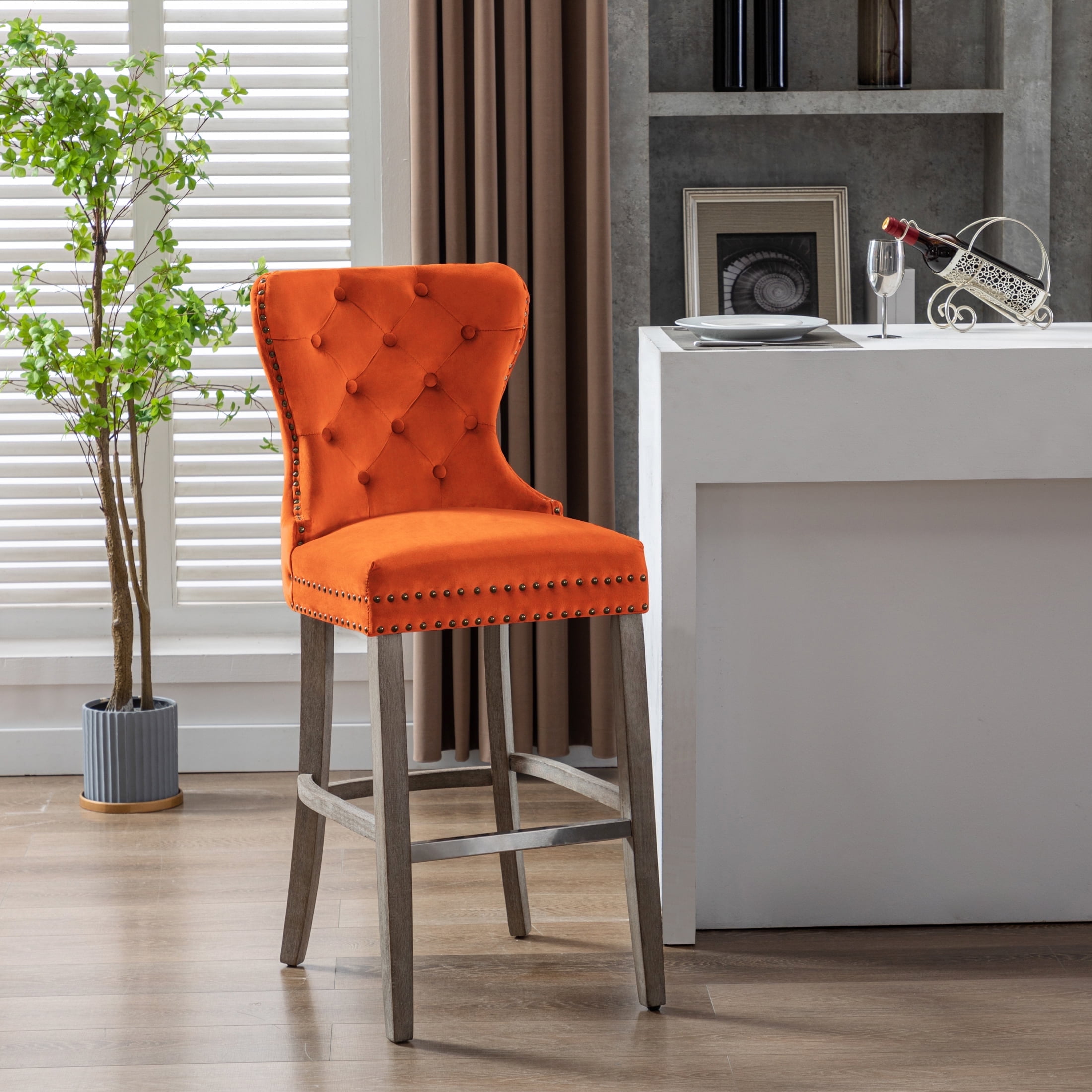 WestinTrends Wordford 29" Tufted Velvet Bar Stool, Antique Gray/ Orange ...