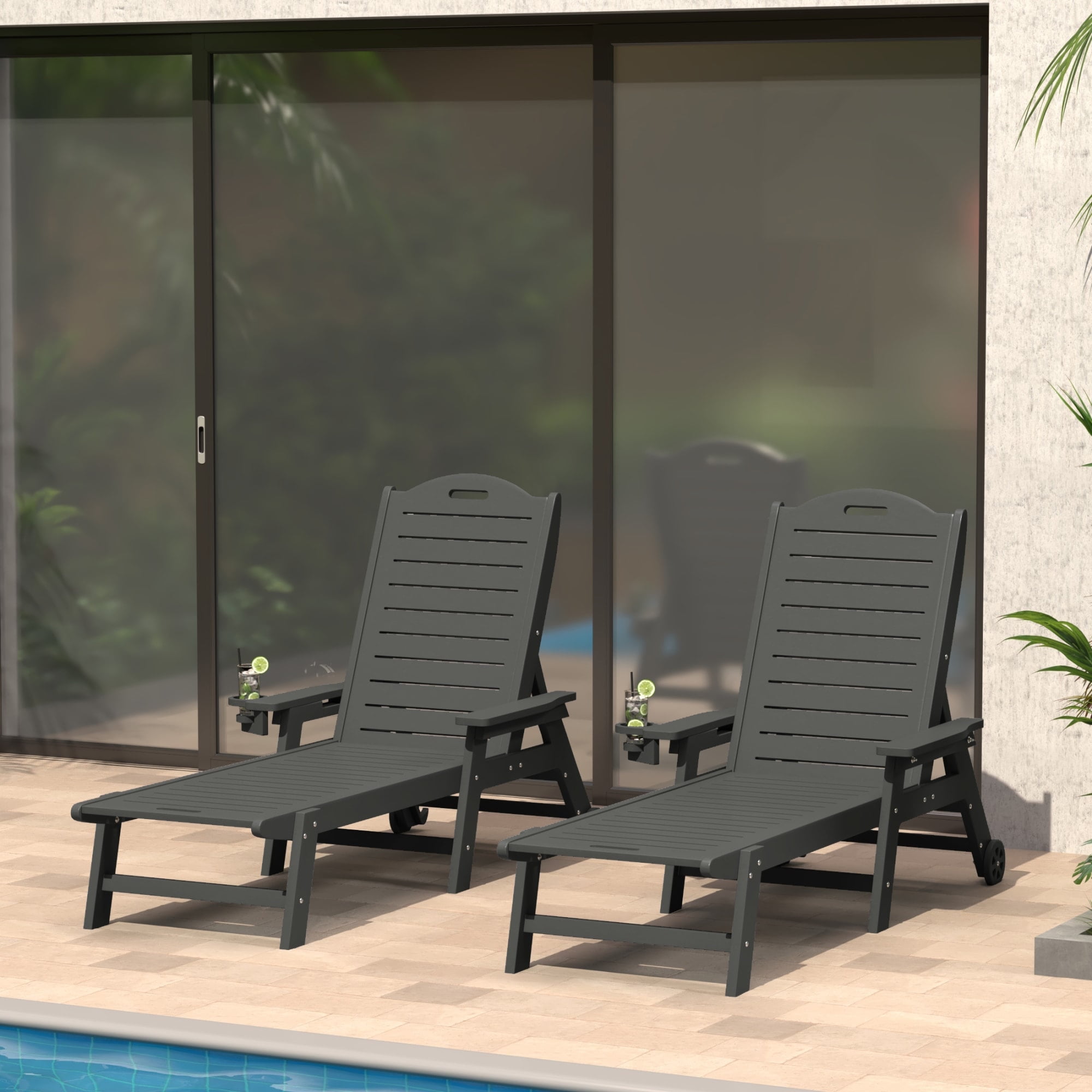 WestinTrends Aruba Outdoor HDPE Patio Chaise Lounges With Wheels & Cup ...