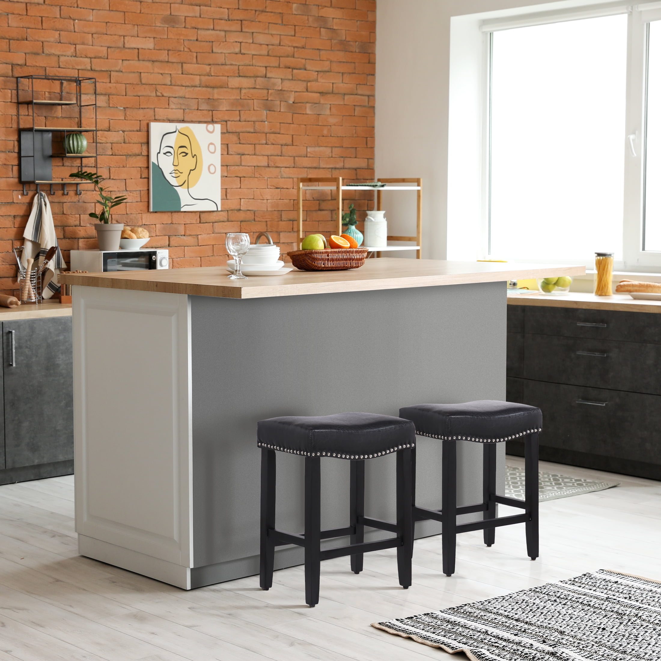 WestinTrends 24 Inch Black Bar Stools Set of 2, Leather Upholstered ...