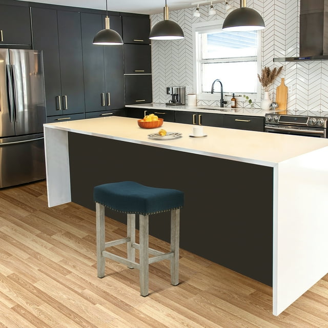 WestinTrends 24 Inch Navy Blue Wooden Stool, Linen Upholstered Cushion ...