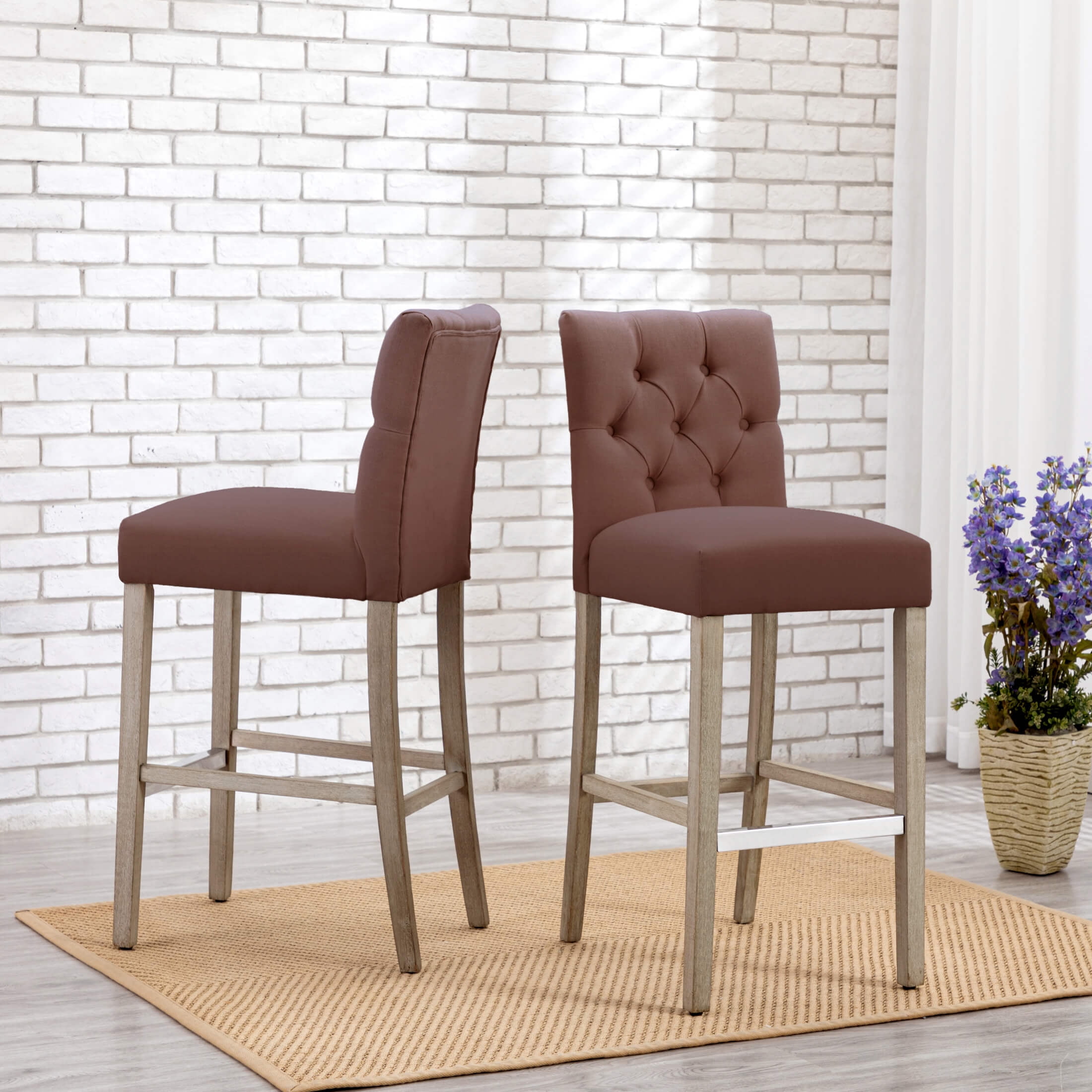 WestinTrends Hayes Bar Chairs Set of 2, Linen Upholstered Button Tufted ...