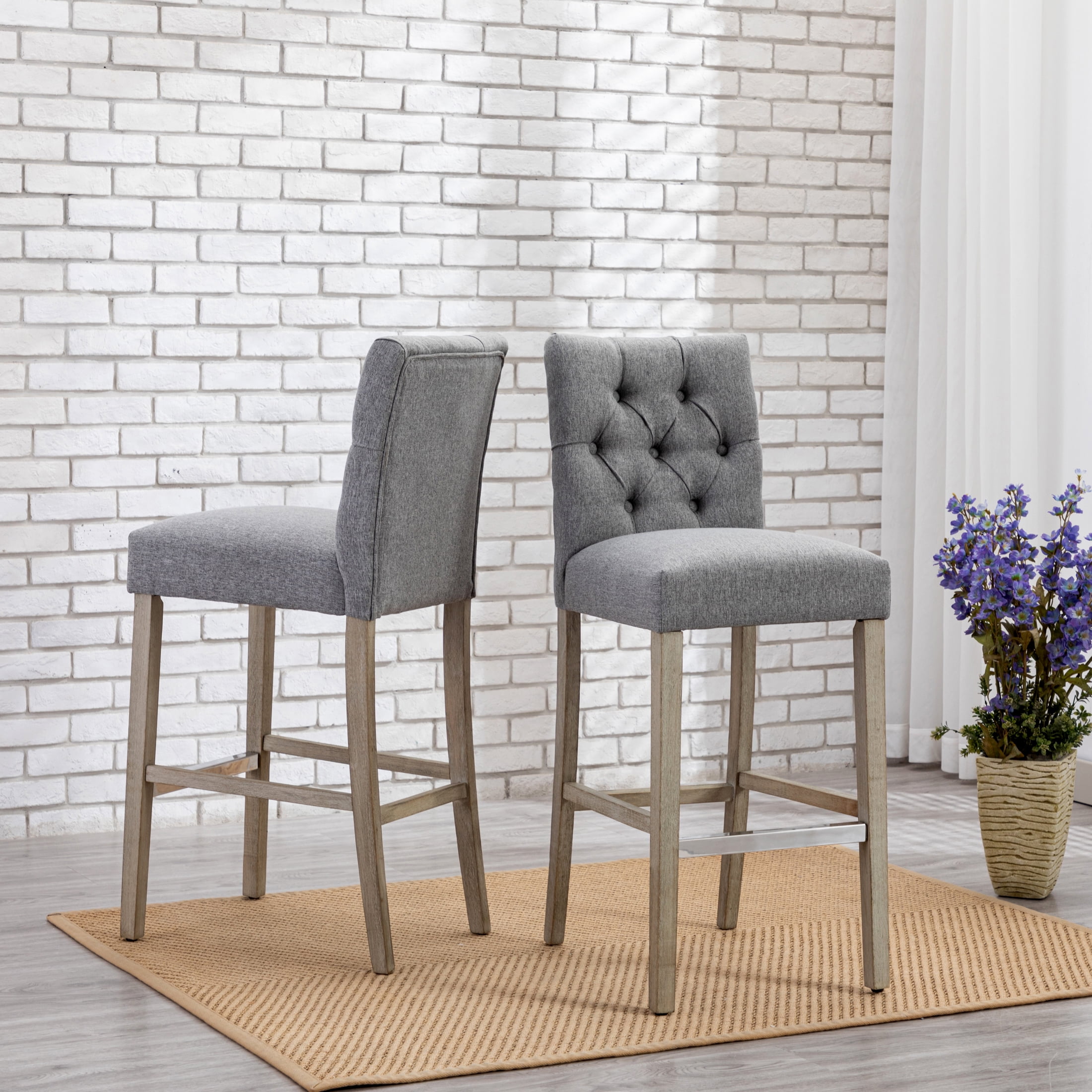 WestinTrends Hayes Set of 2 Bar Chairs, Linen Upholstered, Button ...