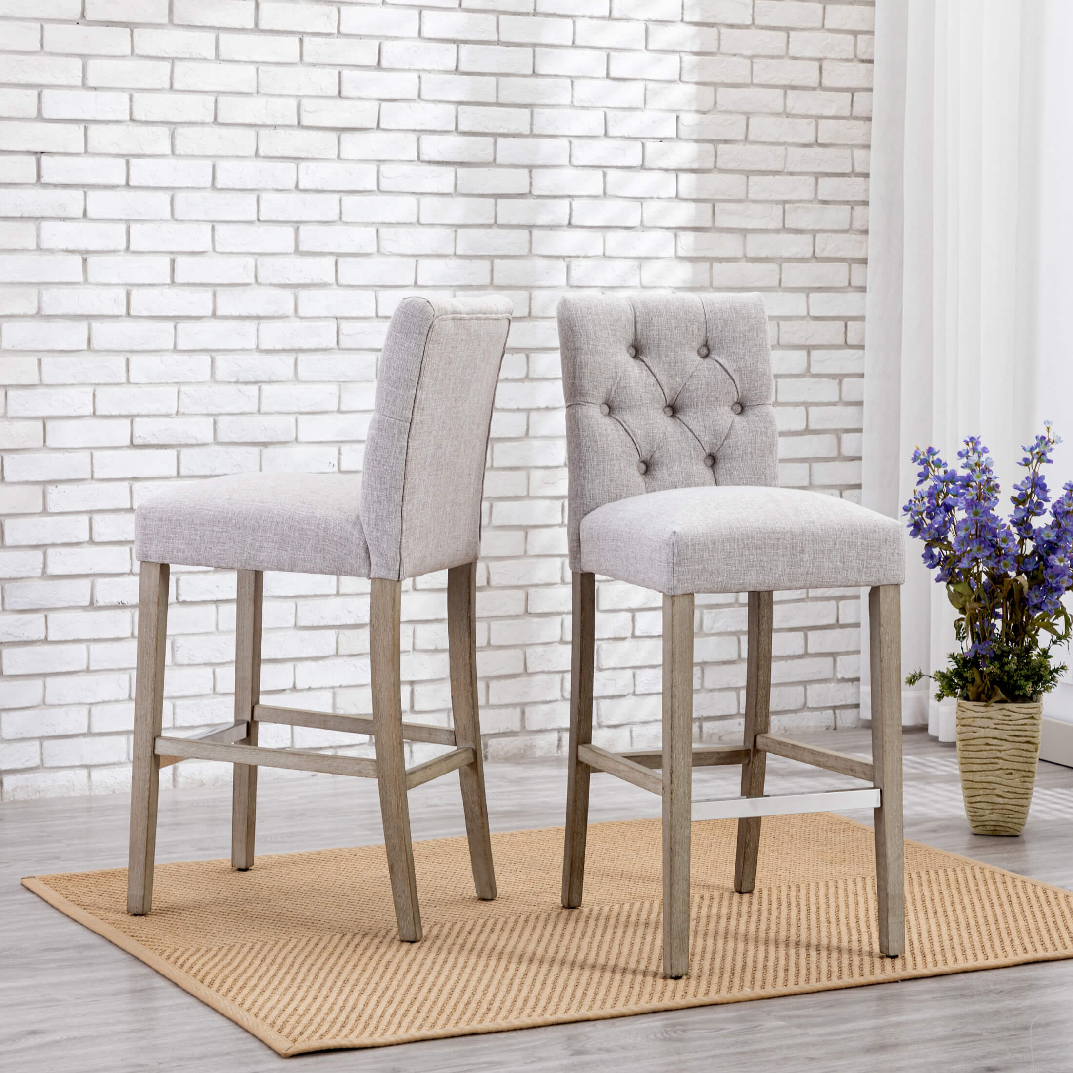 WestinTrends Hayes Bar Chairs Set of 2, Linen Upholstered Button Tufted Kitchen Island Chairs ...