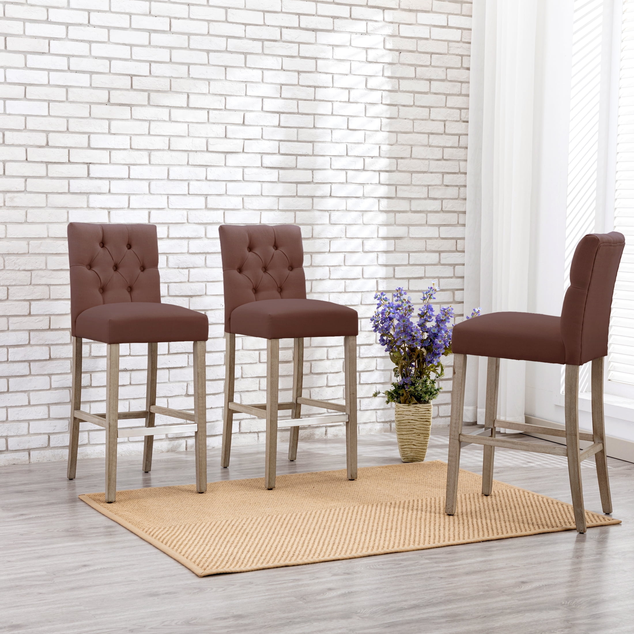 WestinTrends Hayes Bar Chairs Set of 3, Linen Upholstered Button Tufted ...
